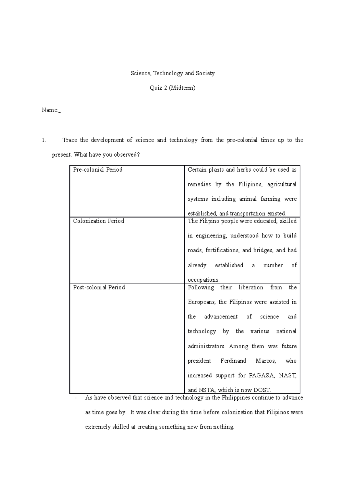 STS - QUIZ Midterm - Science, Technology and Society Quiz 2 (Midterm ...