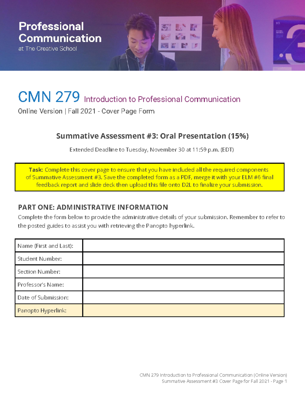 CMN279I-SA#3 Cover Page Form F21 (1) - CMN 279 Introduction to ...