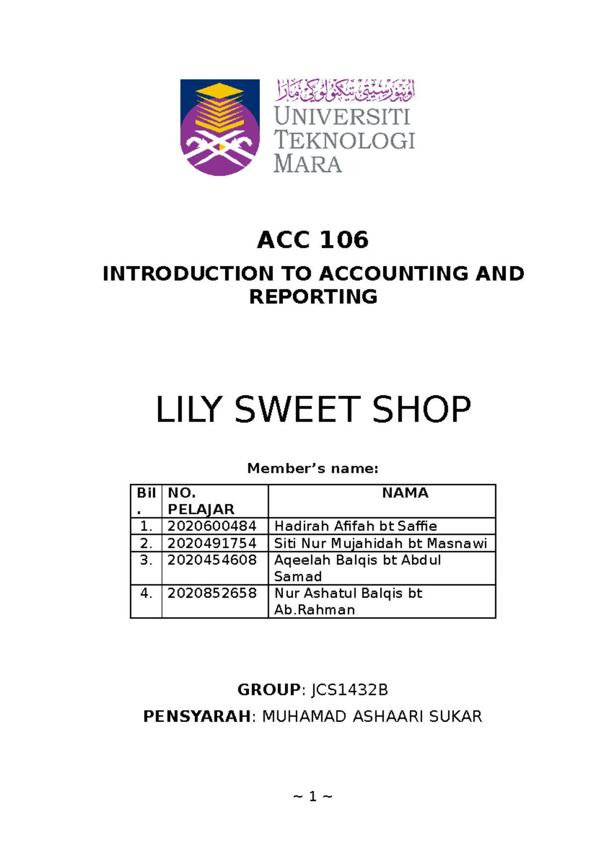 Group Assignment ACC 106 - ACC 106 INTRODUCTION TO ACCOUNTING AND ...