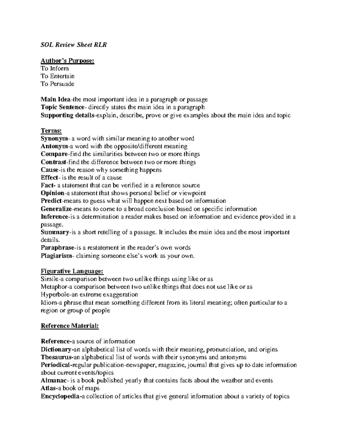 English SOL Review Sheet RLR - SOL Review Sheet RLR Author’s Purpose ...