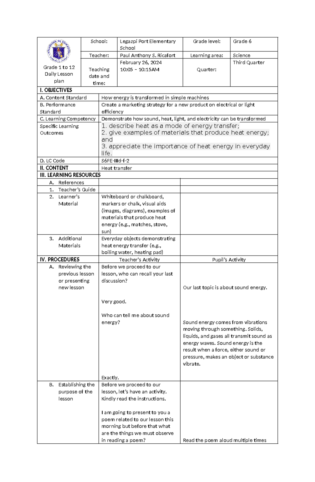 My lesson plan in Science - Grade 1 to 12 Daily Lesson plan School ...