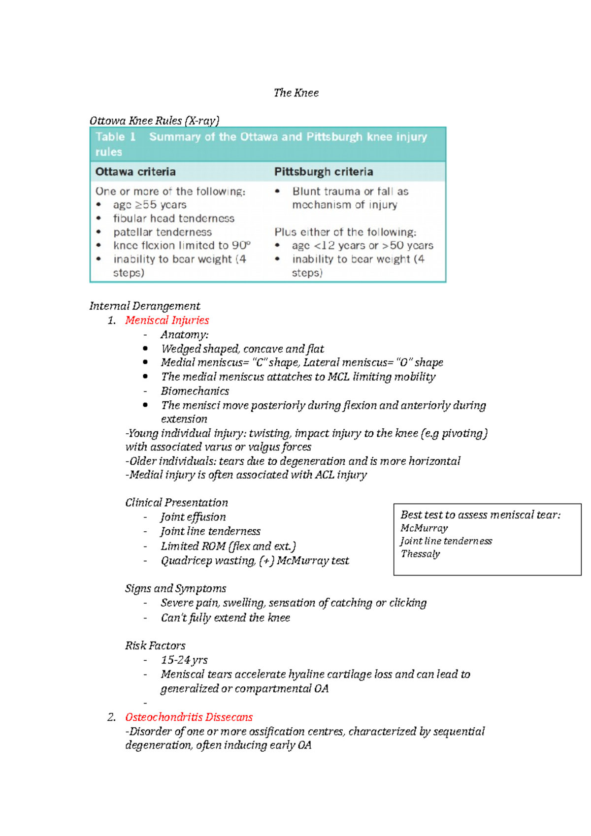 Chi338 The Knee - dr. losco's notes - The Knee Ottowa Knee Rules (X-ray ...