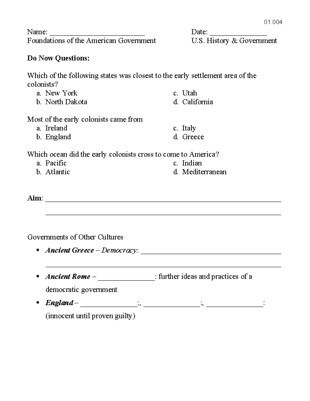 01 004 Early America Foundations of American Government guided notes ...