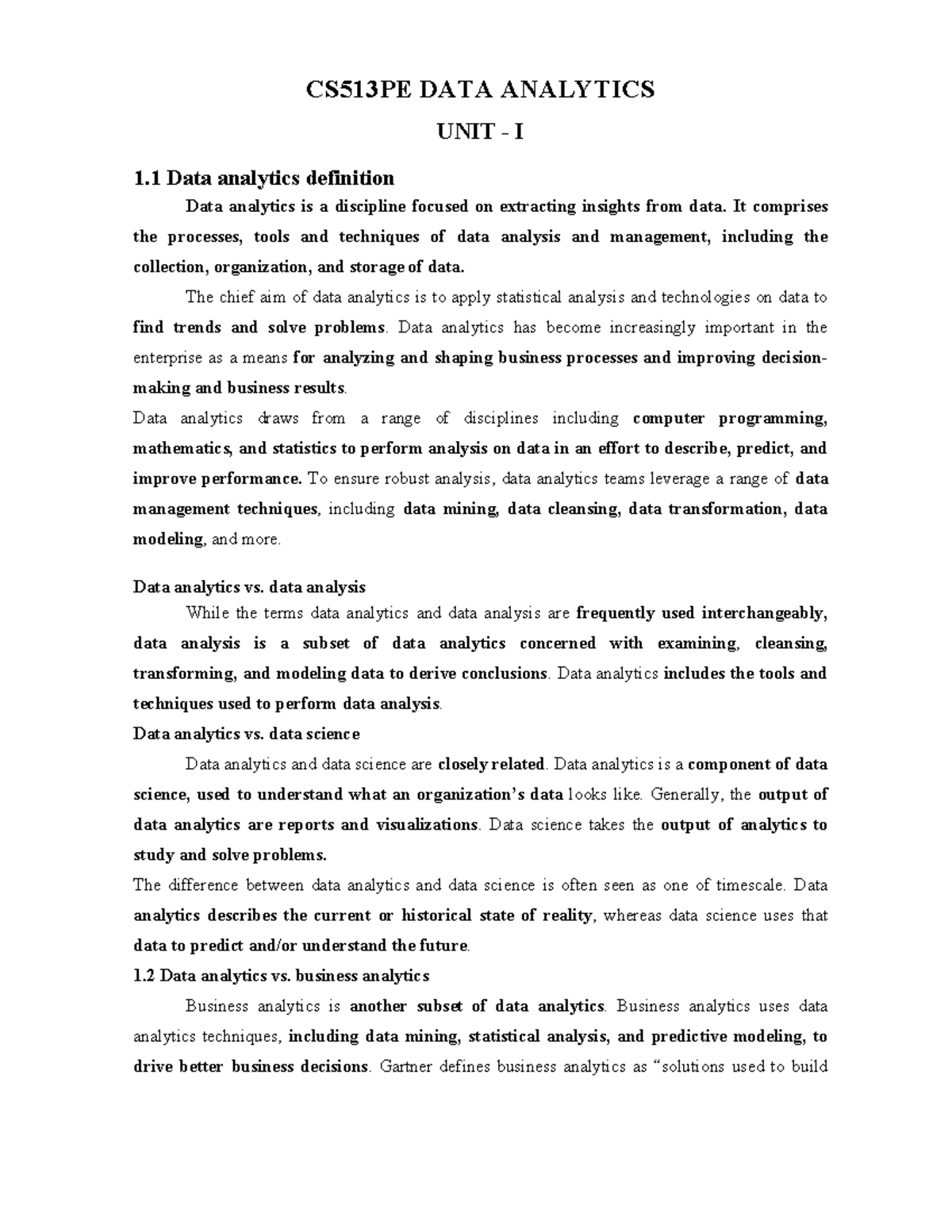 UNIT 1 Notes DA - CS513PE DATA ANALYTICS UNIT - I 1 Data analytics ...