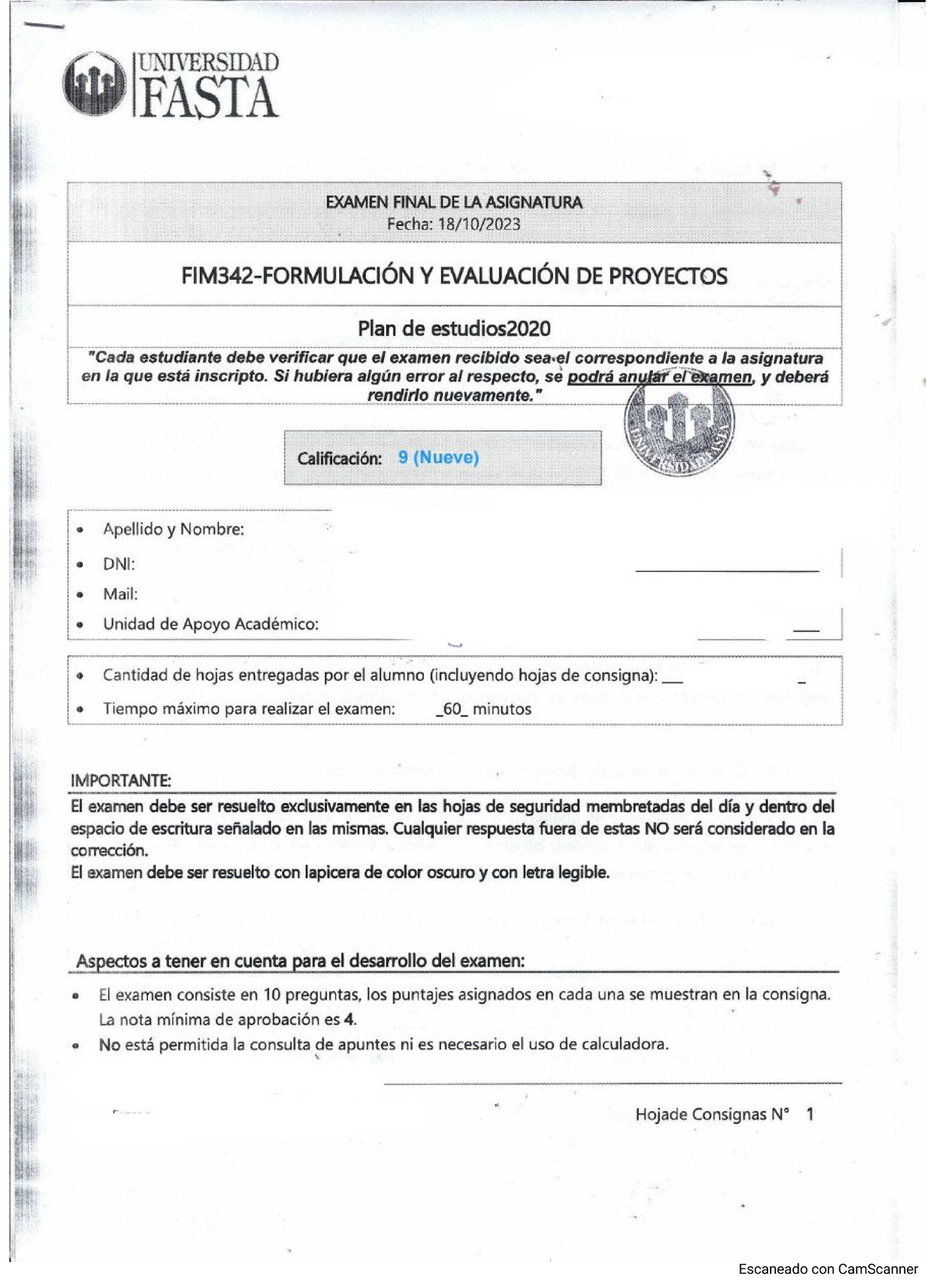 Final Formulación Octubre 2023 - UNIVERSIDAD FASTA EXAMEN FINAL DE LA ...