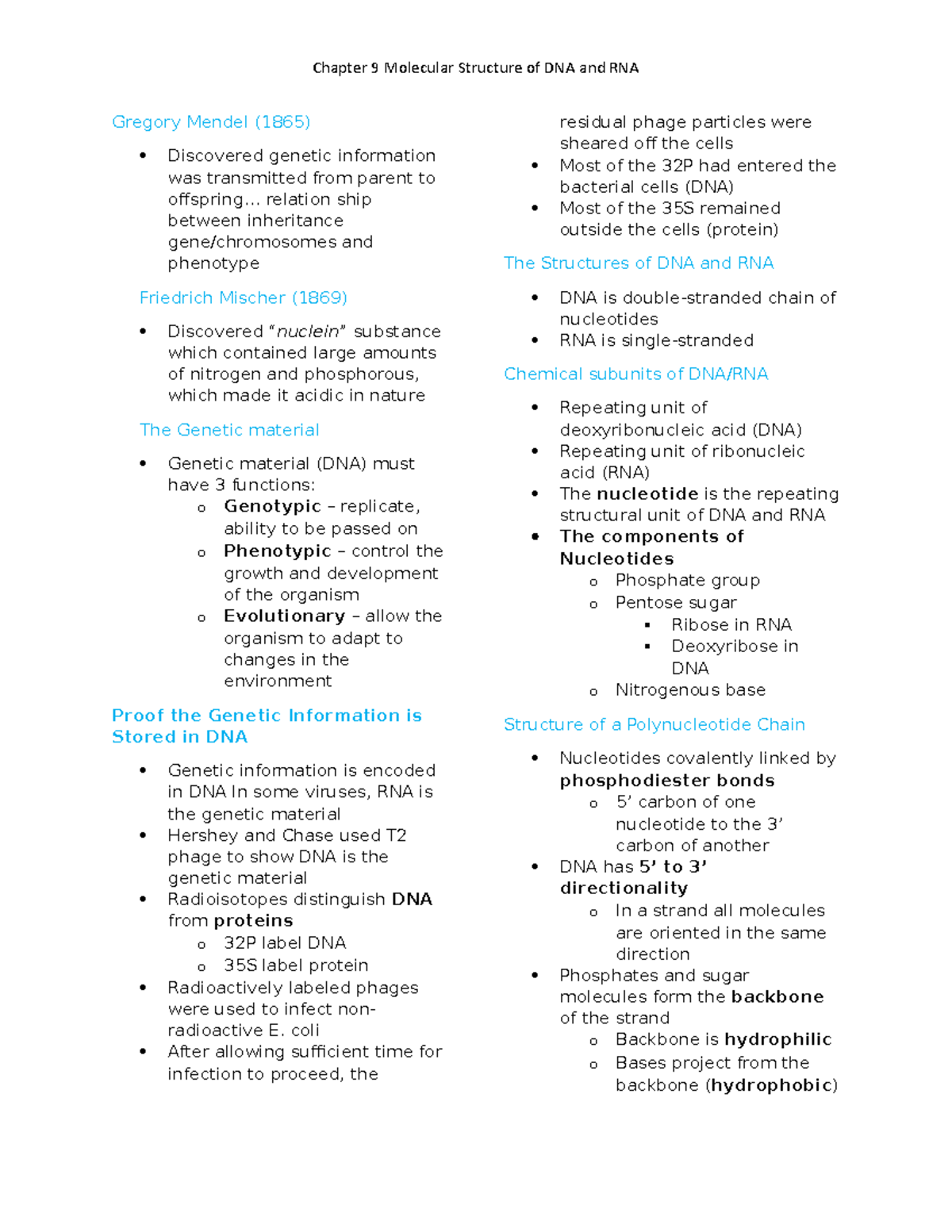 Chapter 9 Notes - Chapter 9 Molecular Structure of DNA and RNA Gregory ...