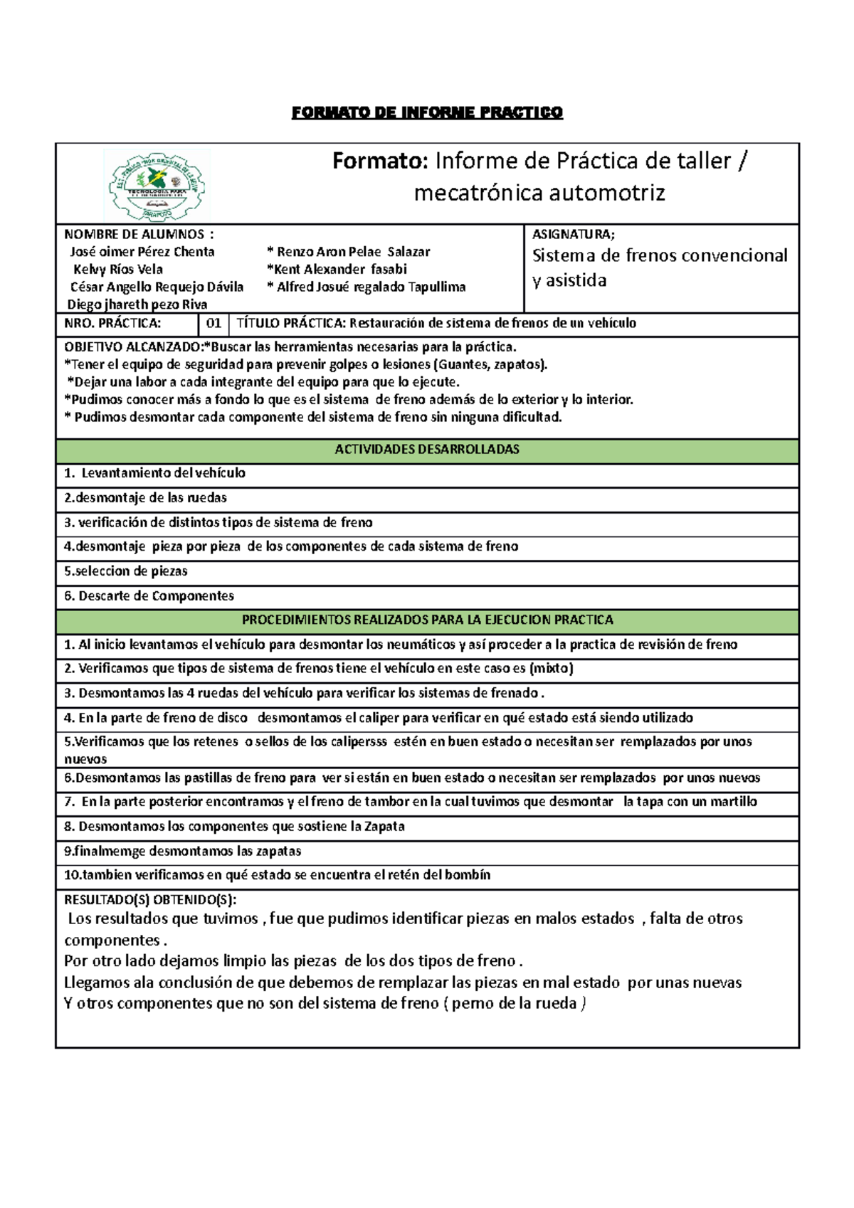 Nforme Practico 01 taller - FORMATO DE INFORME PRACTICO Formato: Informe de Práctica de taller ...