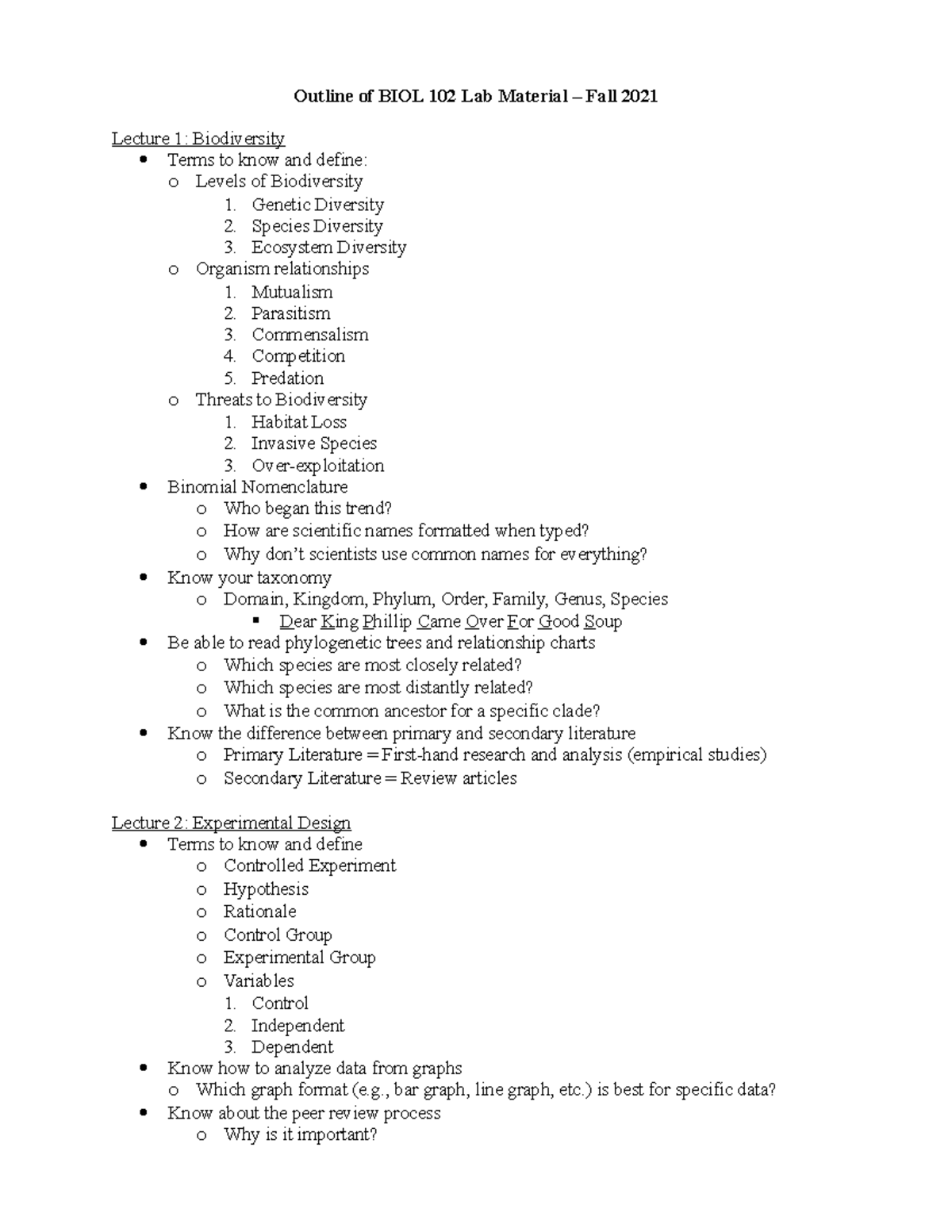 BIOL 102L Fall 2021 Study Guide Outline - Outline of BIOL 102 Lab ...