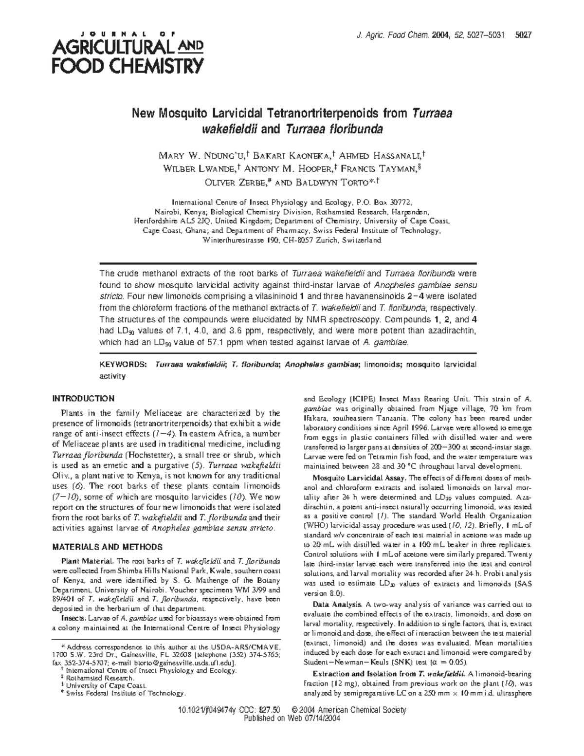New Mosquito Larvicidal Tetranortriterpenoids from Turraea wakefieldii ...