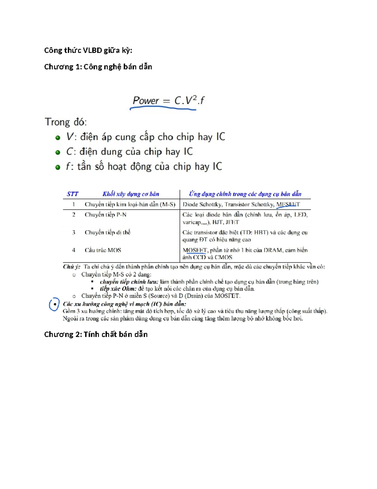 Công thức VLBD giữa kỳ - Summary Vật lí bán dẫn - Công thức VLBD giữa kỳ: Chương 1: Công nghệ ...
