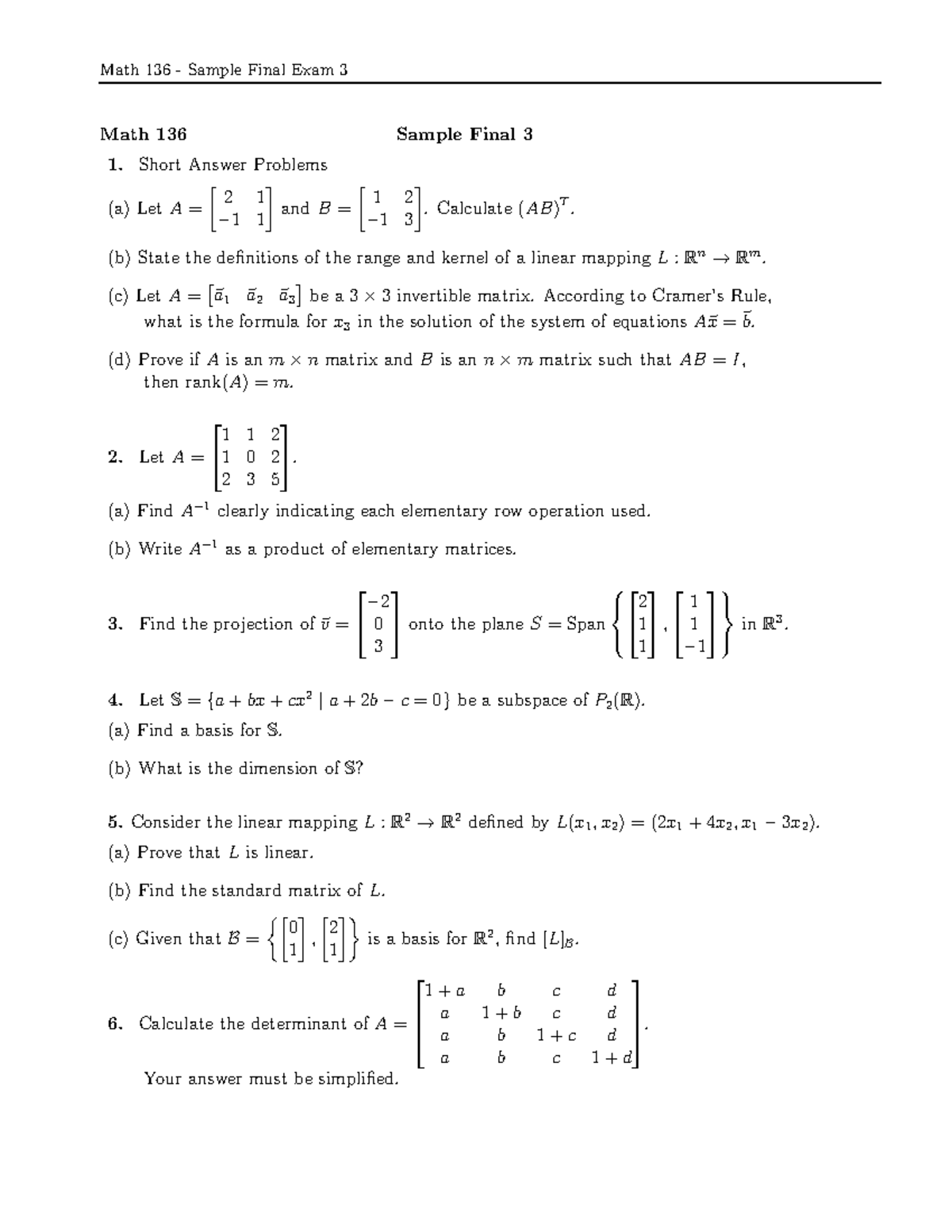 Final exam 3 11 April, questions - Math 136 - Sample Final Exam 3 Math ...