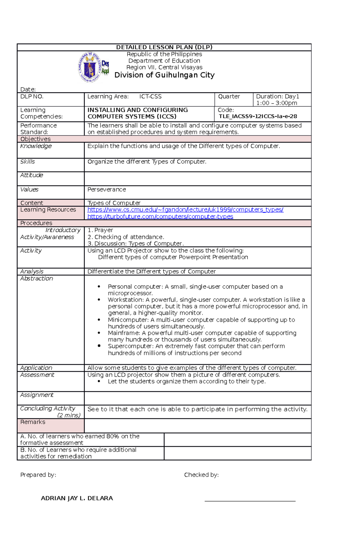 DLP week 1 Information communication technology - DETAILED LESSON PLAN ...