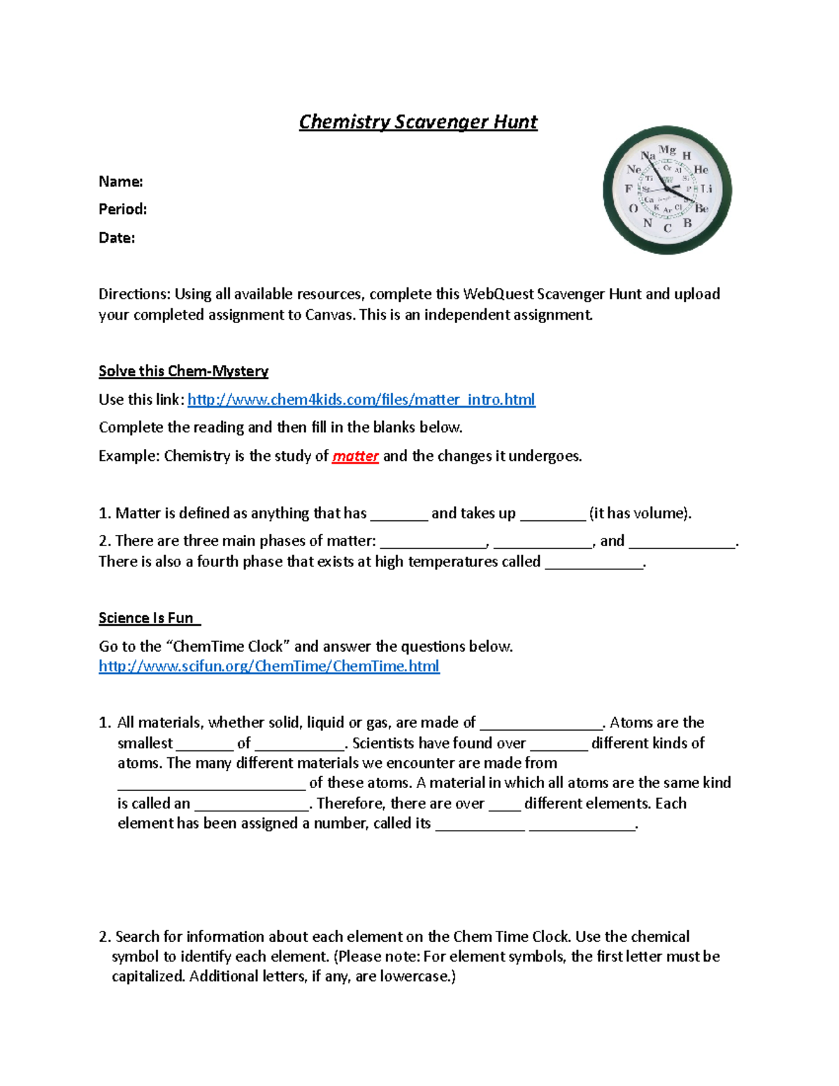 Chemistry Scavenger Hunt Quest 2 Chemistry Scavenger Hunt Name