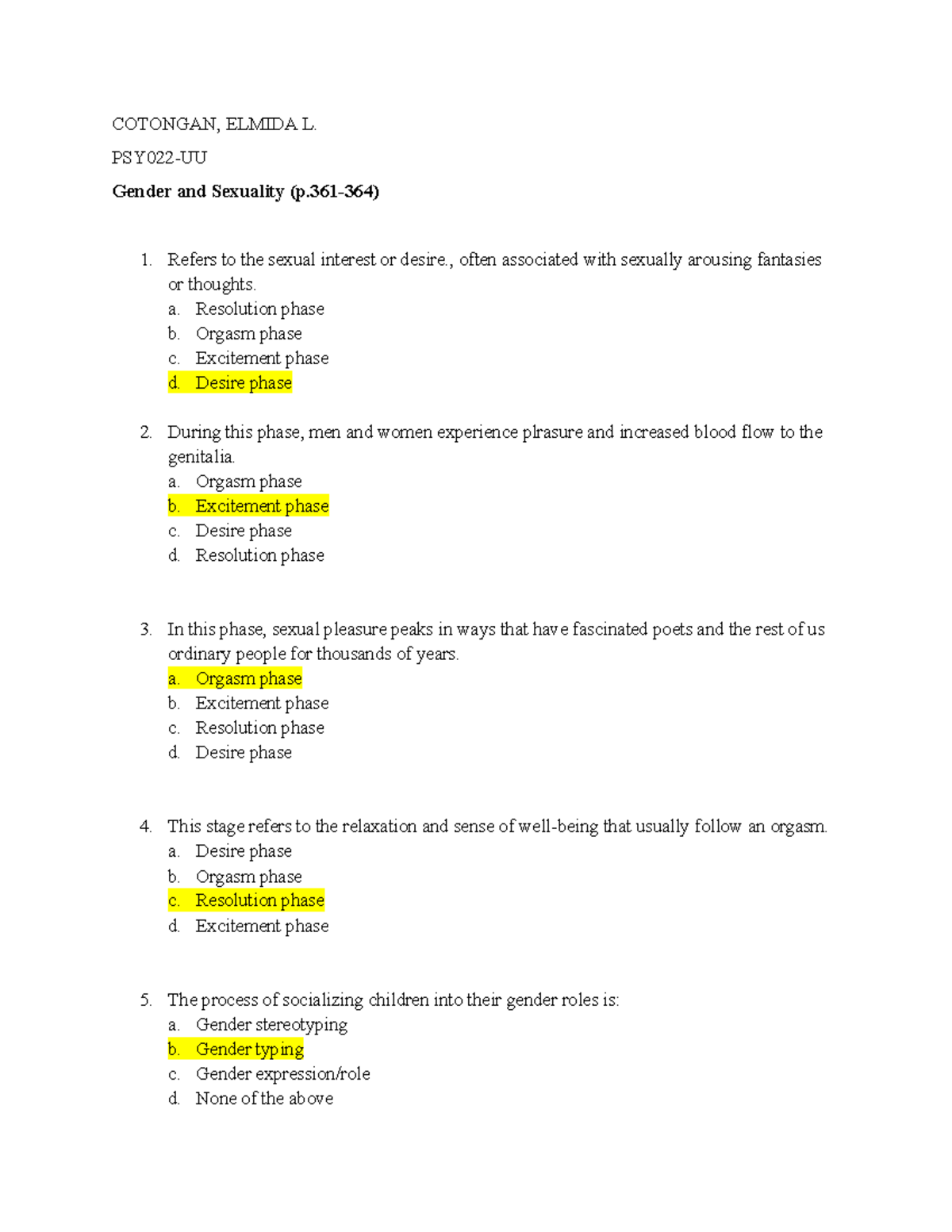 15 Questions - Lecture notes - COTONGAN, ELMIDA L. PSY022-UU Gender and ...