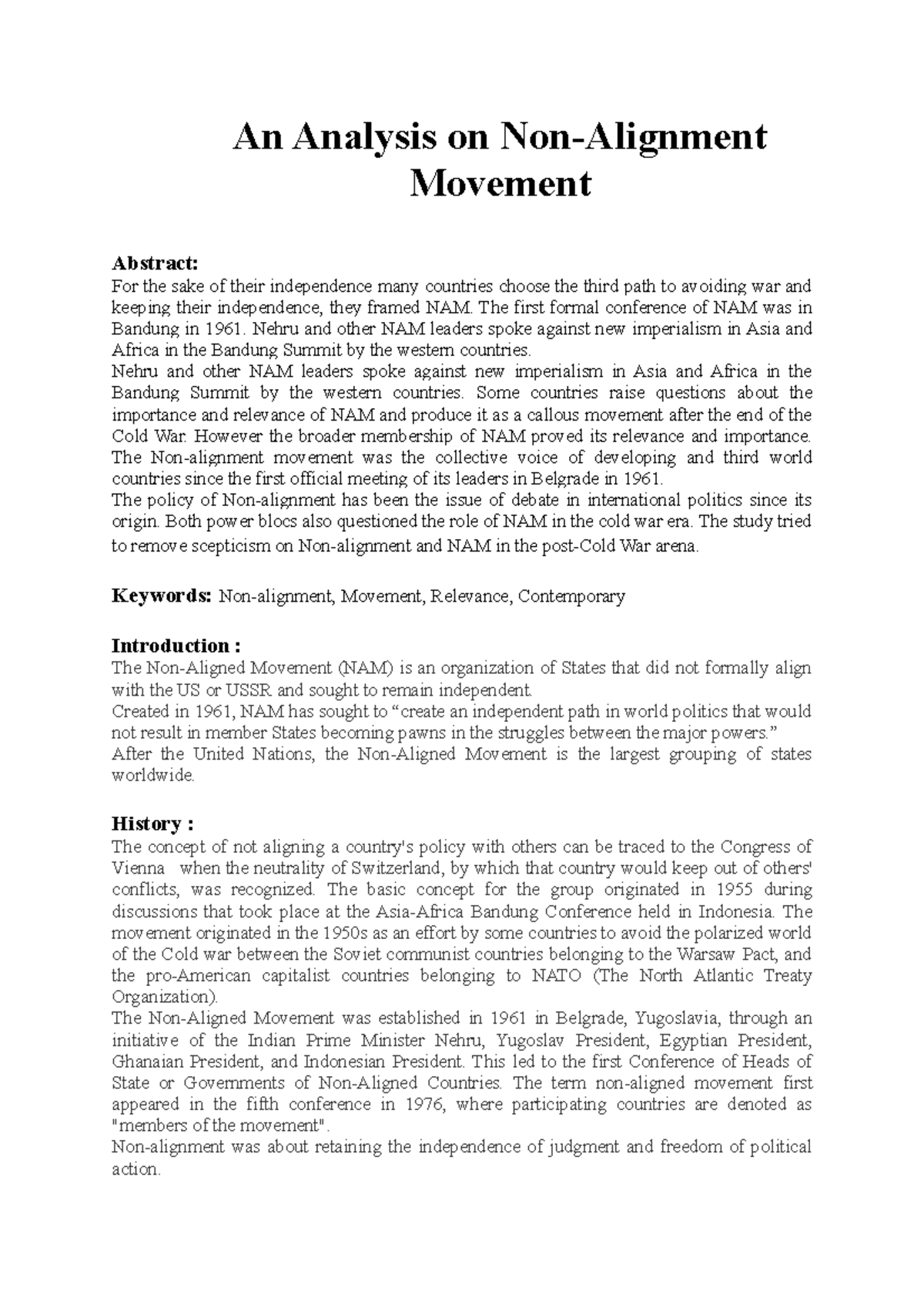 An Analysis on Non-Alignment Movement - An Analysis on Non-Alignment ...