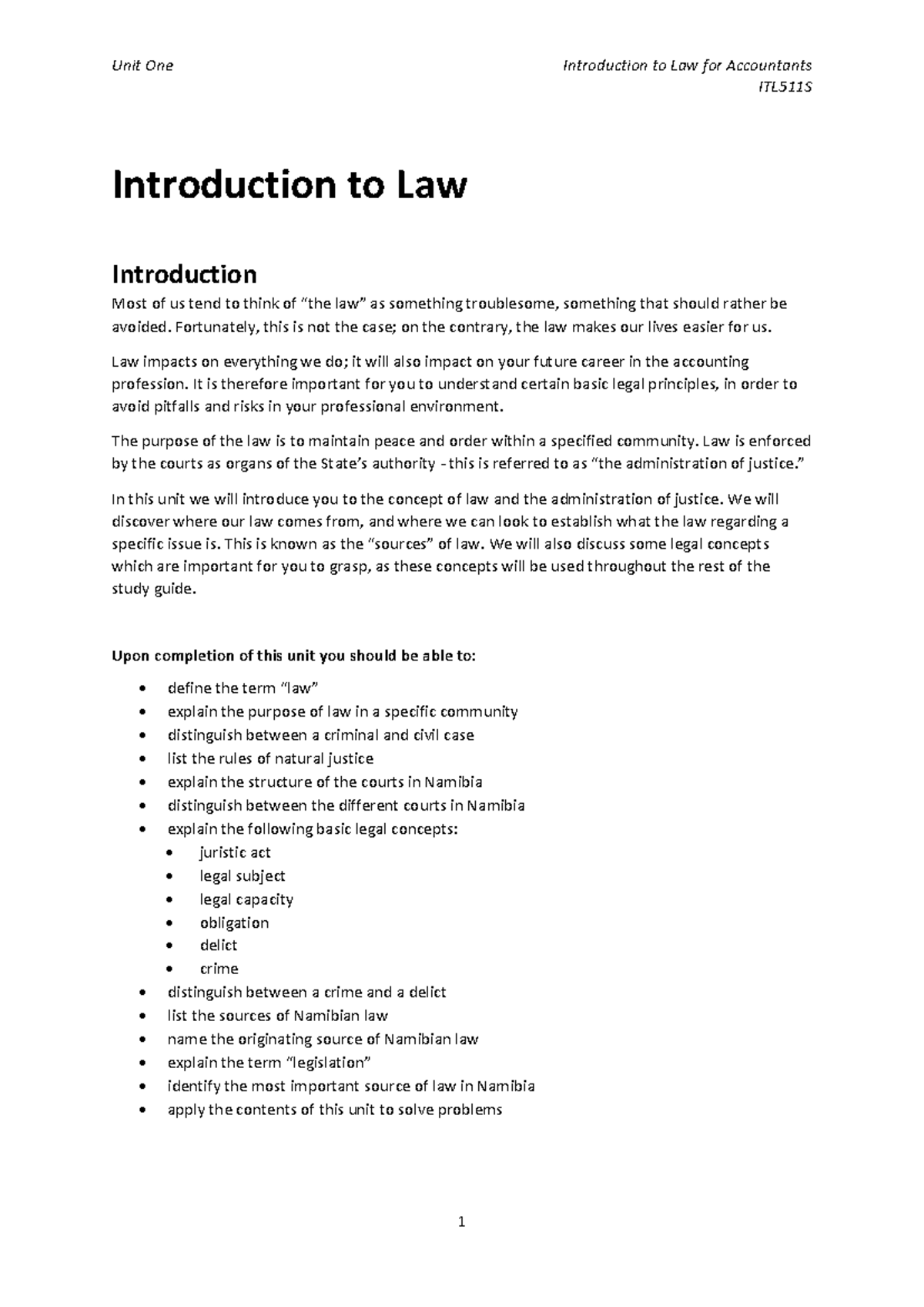 Unit 1.Introduction to law - ITL511S Introduction to Law Introduction ...
