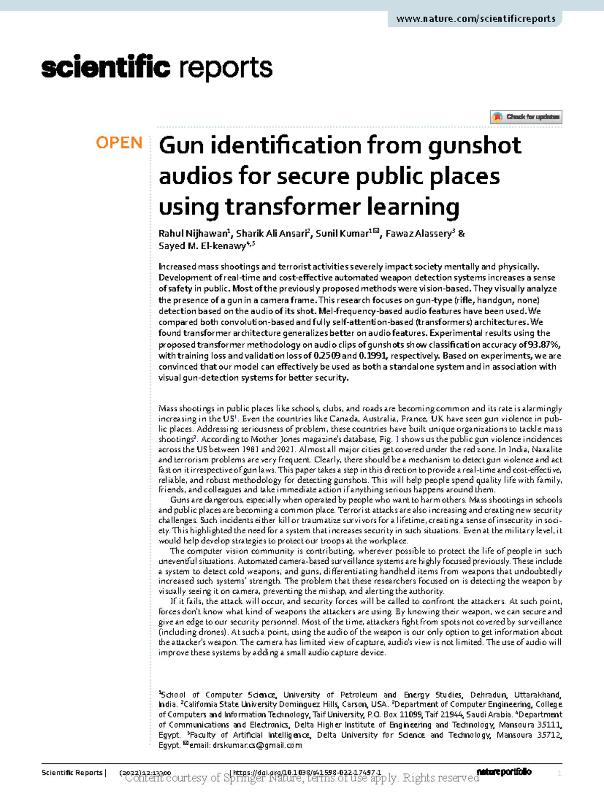 Gun identification from gunshot audios for secure - 1 ol.:ȋͬͭͮͯͰͱͲͳʹ ...