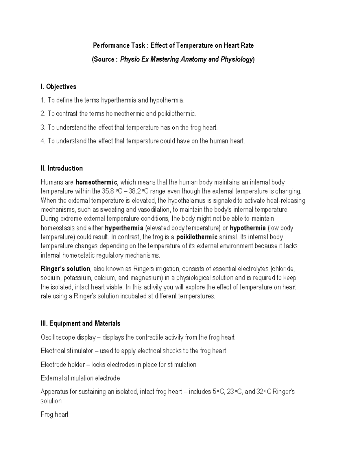 Performance Task Effect of Temp on Heart Rate - Performance Task ...