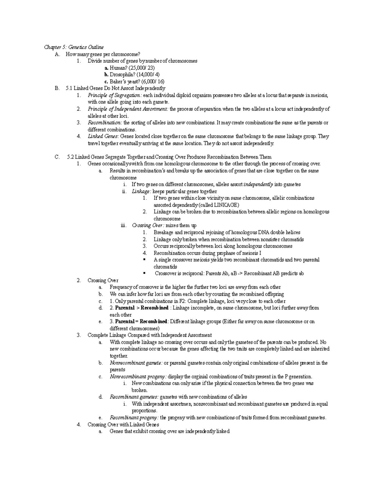 Final Study Guide - Chapter 5: Genetics Outline A. How many genes per ...