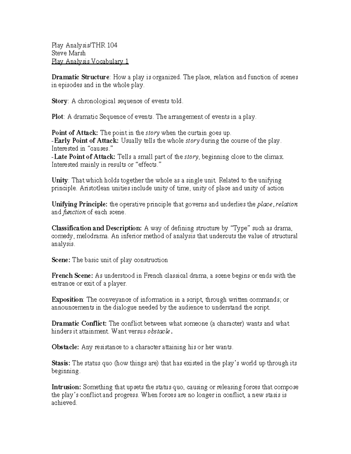 Play analysis Vocabulary - Play Analysis/THR 104 Steve Marsh Play ...