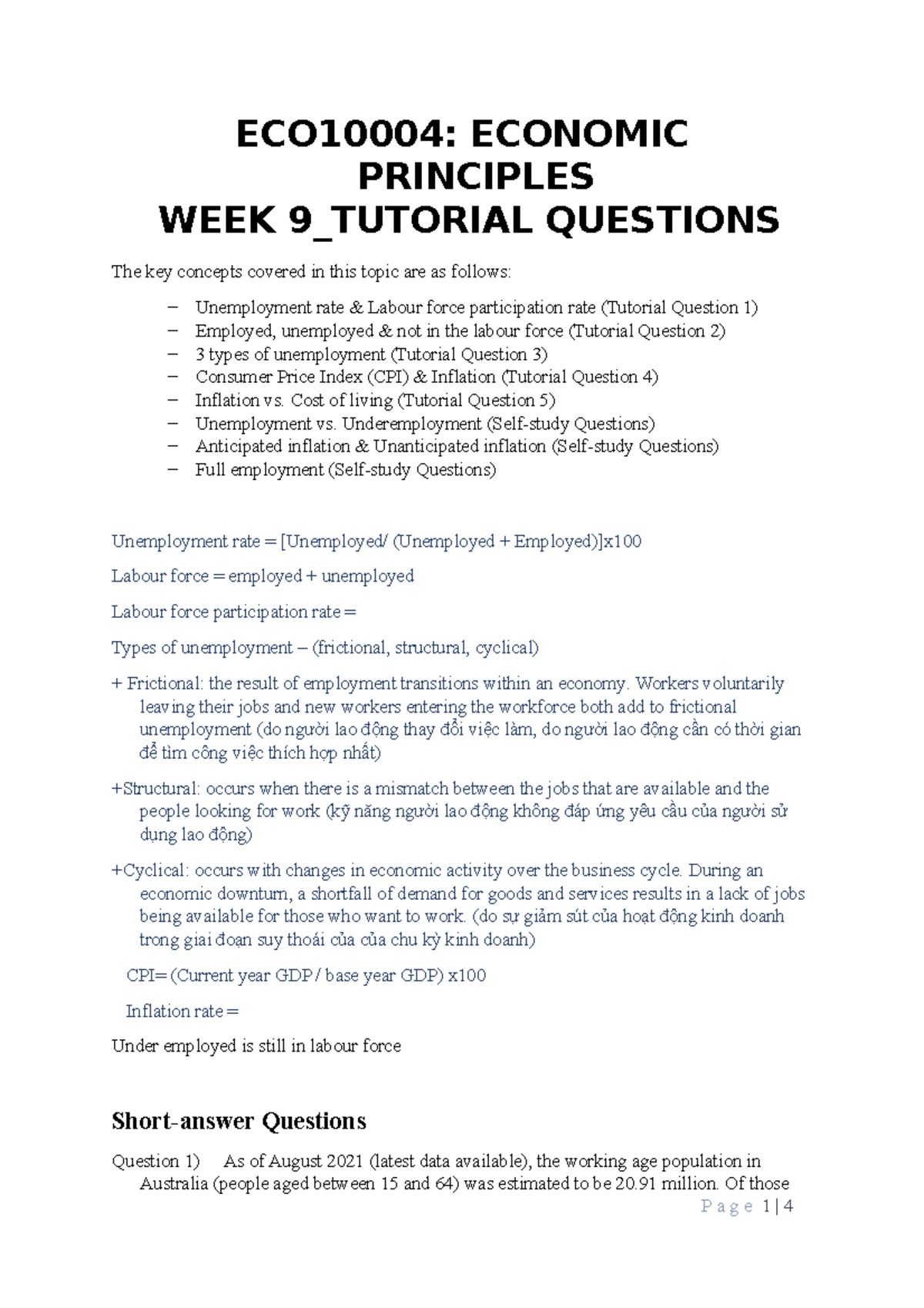 Week 9 Theory Lecture Week 9 Eco10004 Economic Principles Week 9tutorial Questions The Key