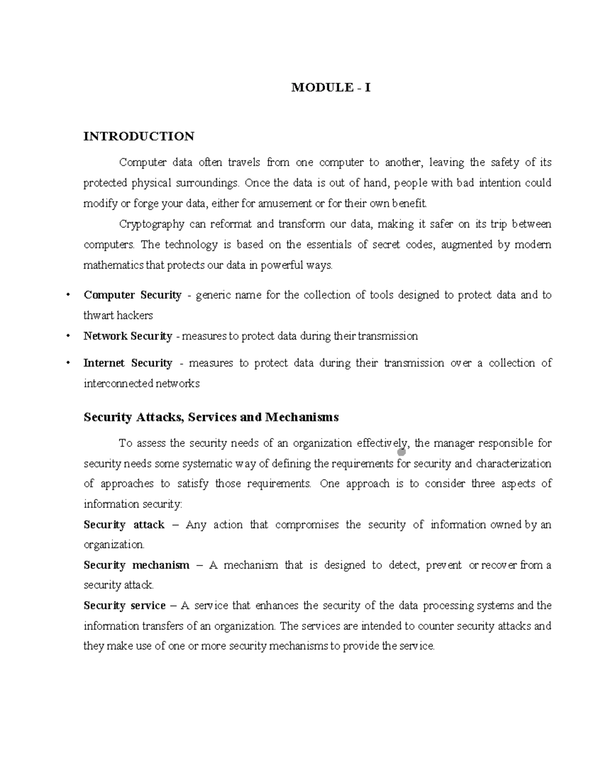 Introduction to the Concepts of Security - MODULE - I INTRODUCTION Computer data often travels ...