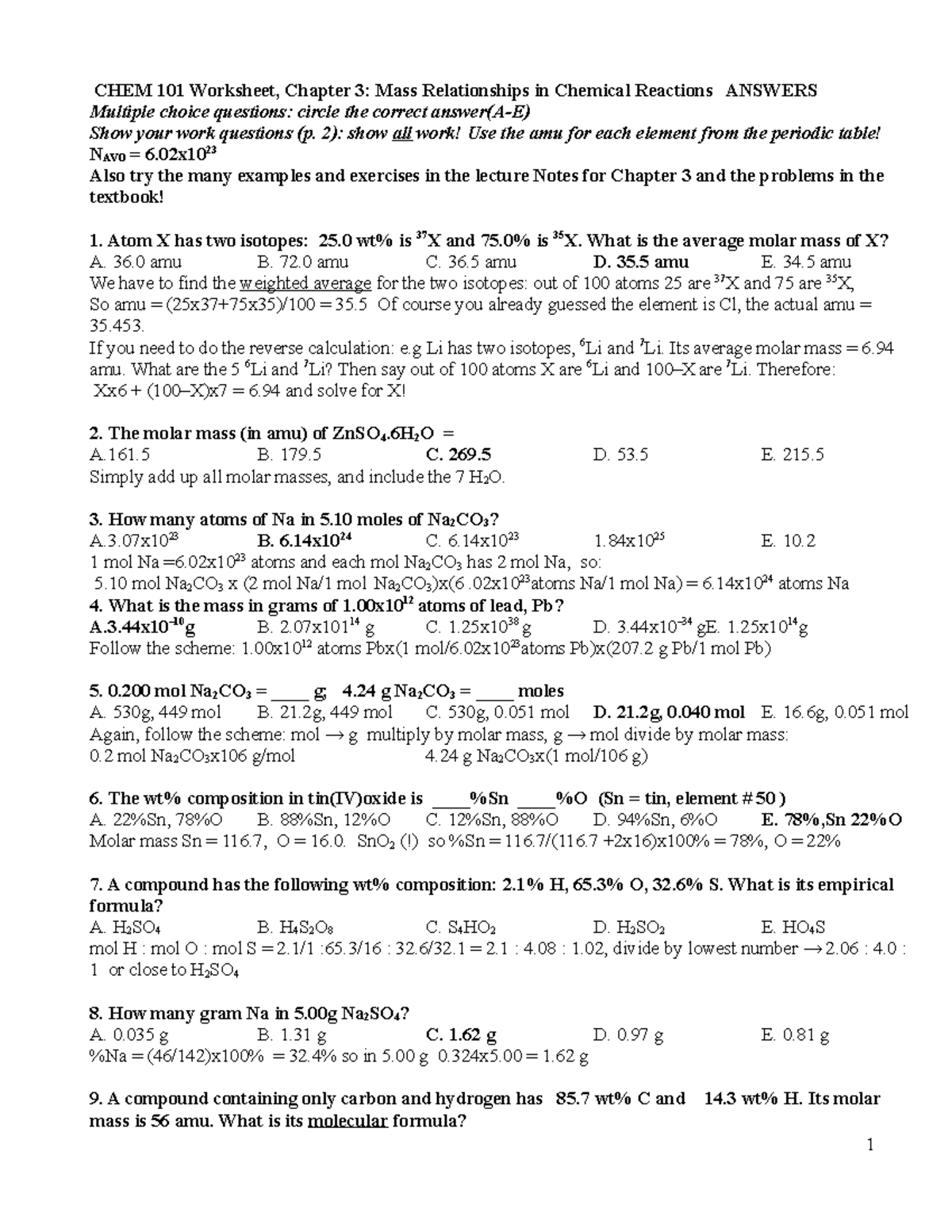 Worksheet Chapter 3 Answers - CHEM 101 Worksheet, Chapter 3: Mass ...