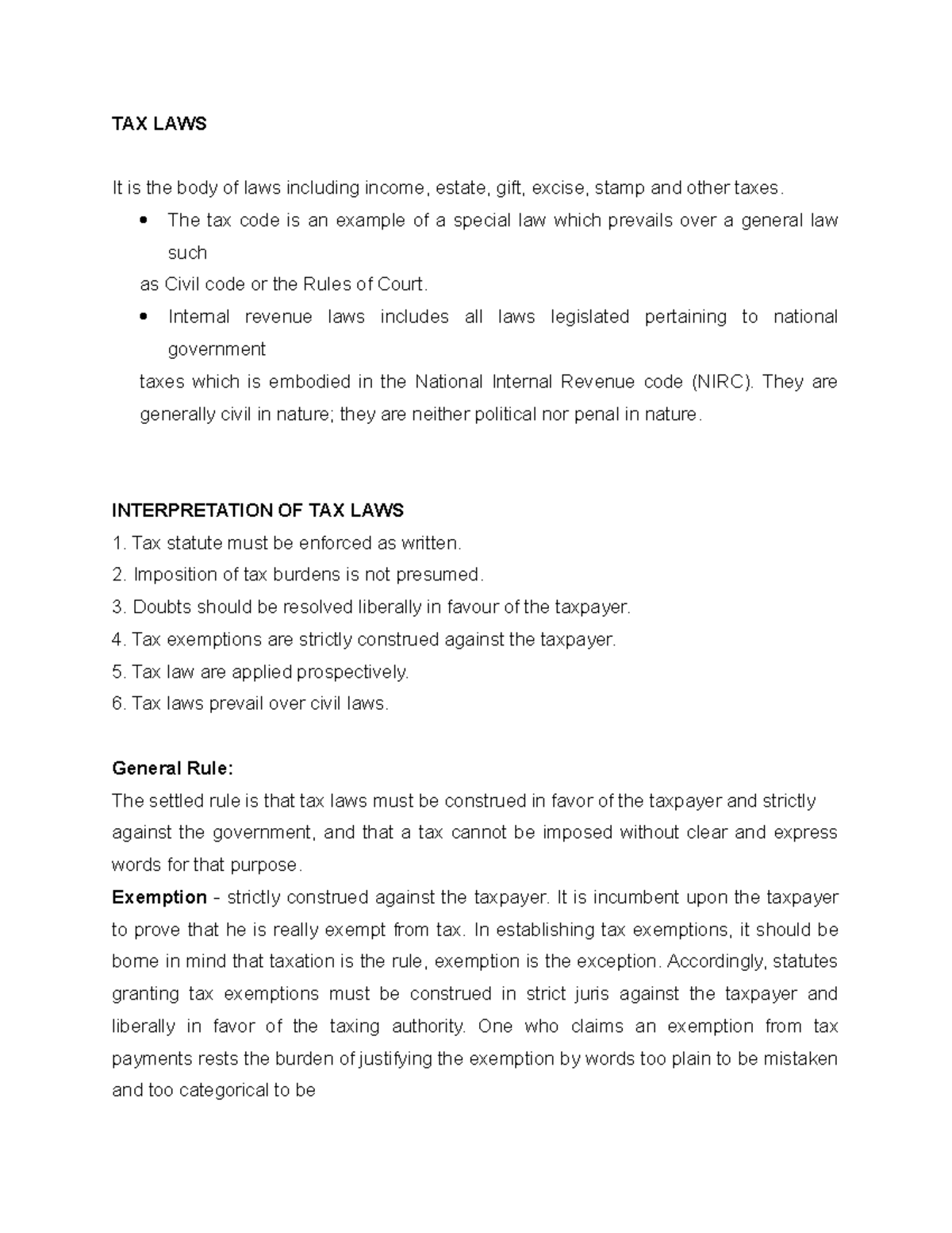 Notes ON TAX LAWS - TAX LAWS It is the body of laws including income ...