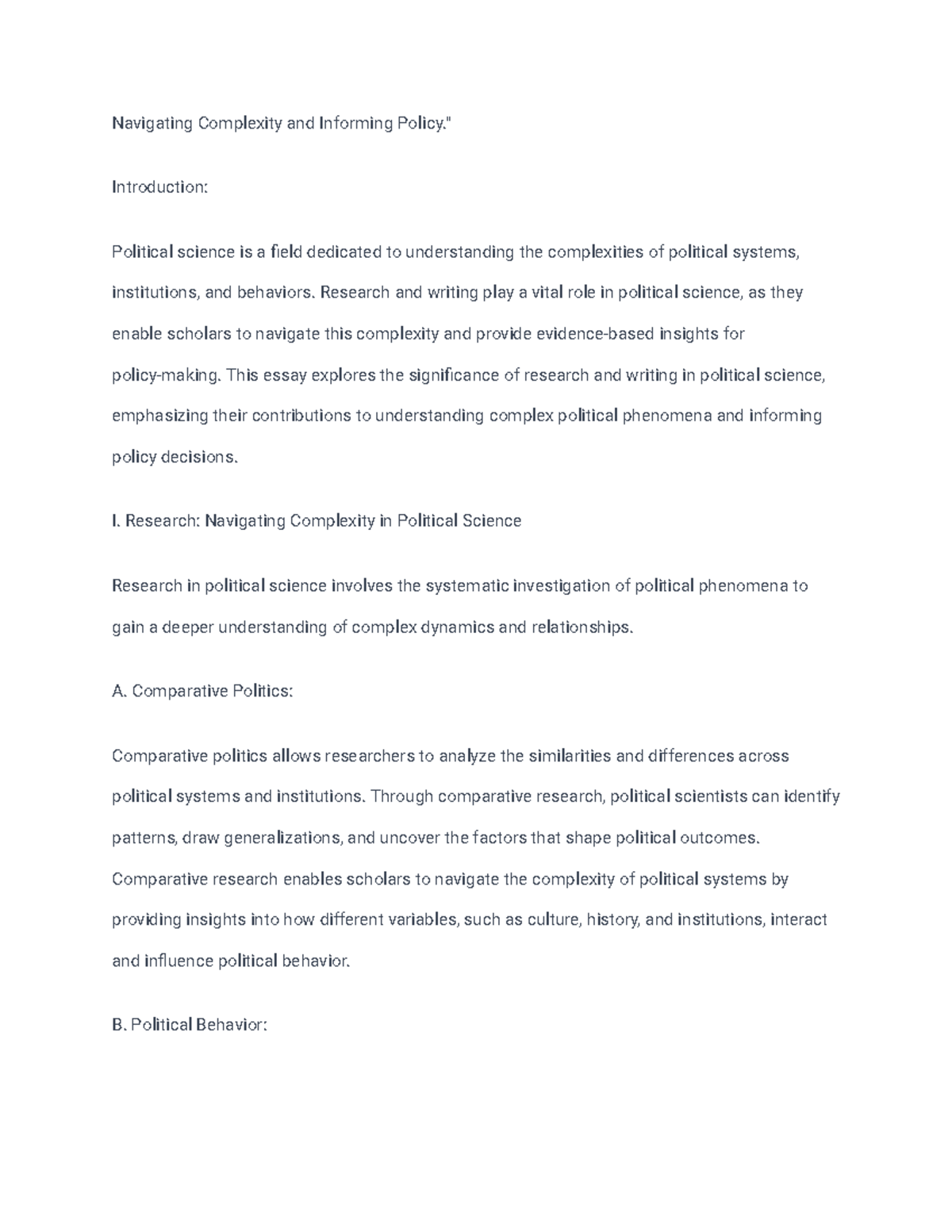 Research #10 - essay - Navigating Complexity and Informing Policy." Introduction: Political ...