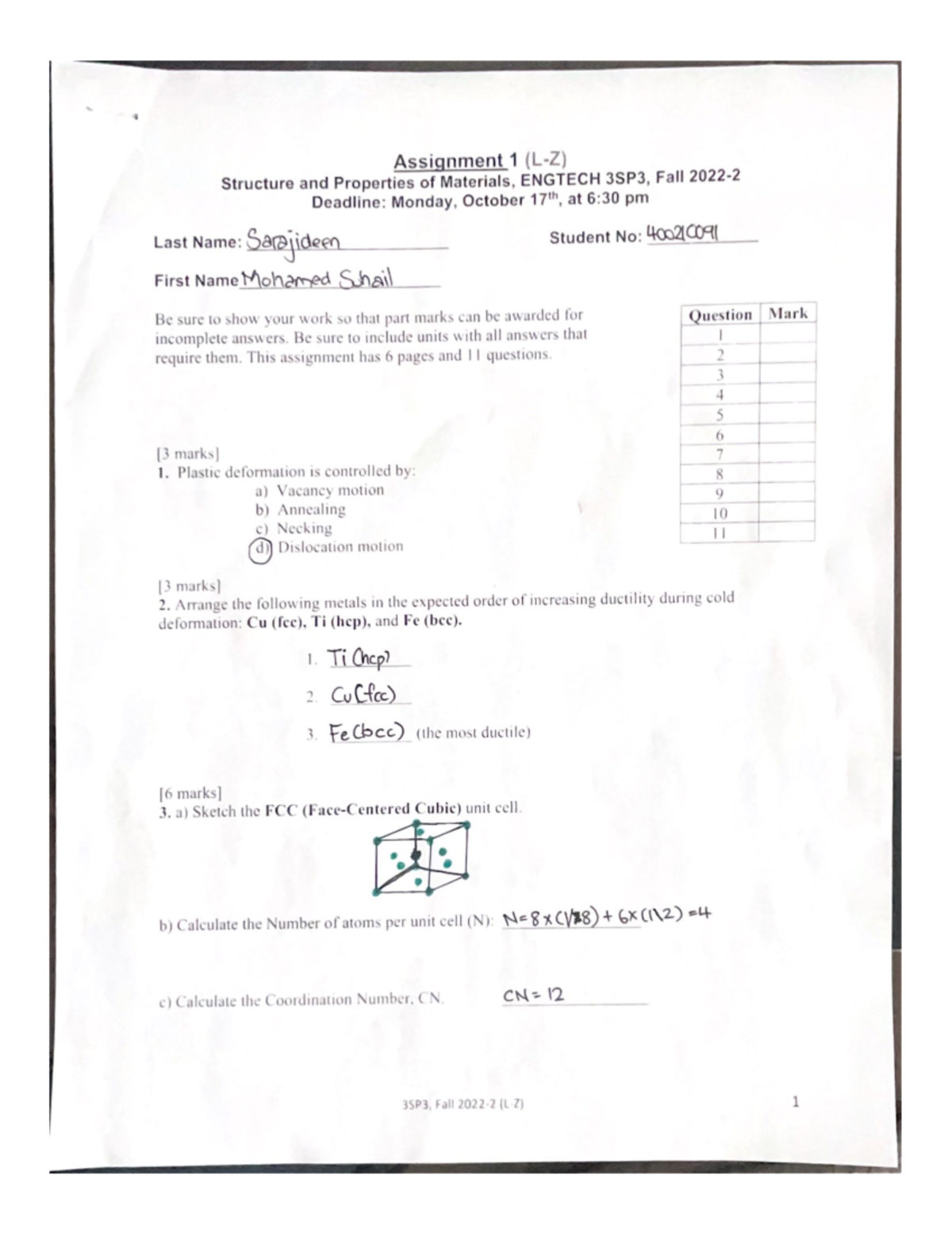 Assignment 1 (L-Z) - Assignment 1 Structure and Properties of Materials, ENGTECH 3SP3, Fall ...