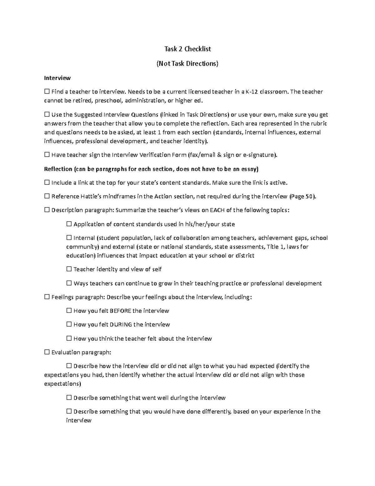 Task 2 Checklist - Task 2 Checklist (Not Task Directions) Interview ...
