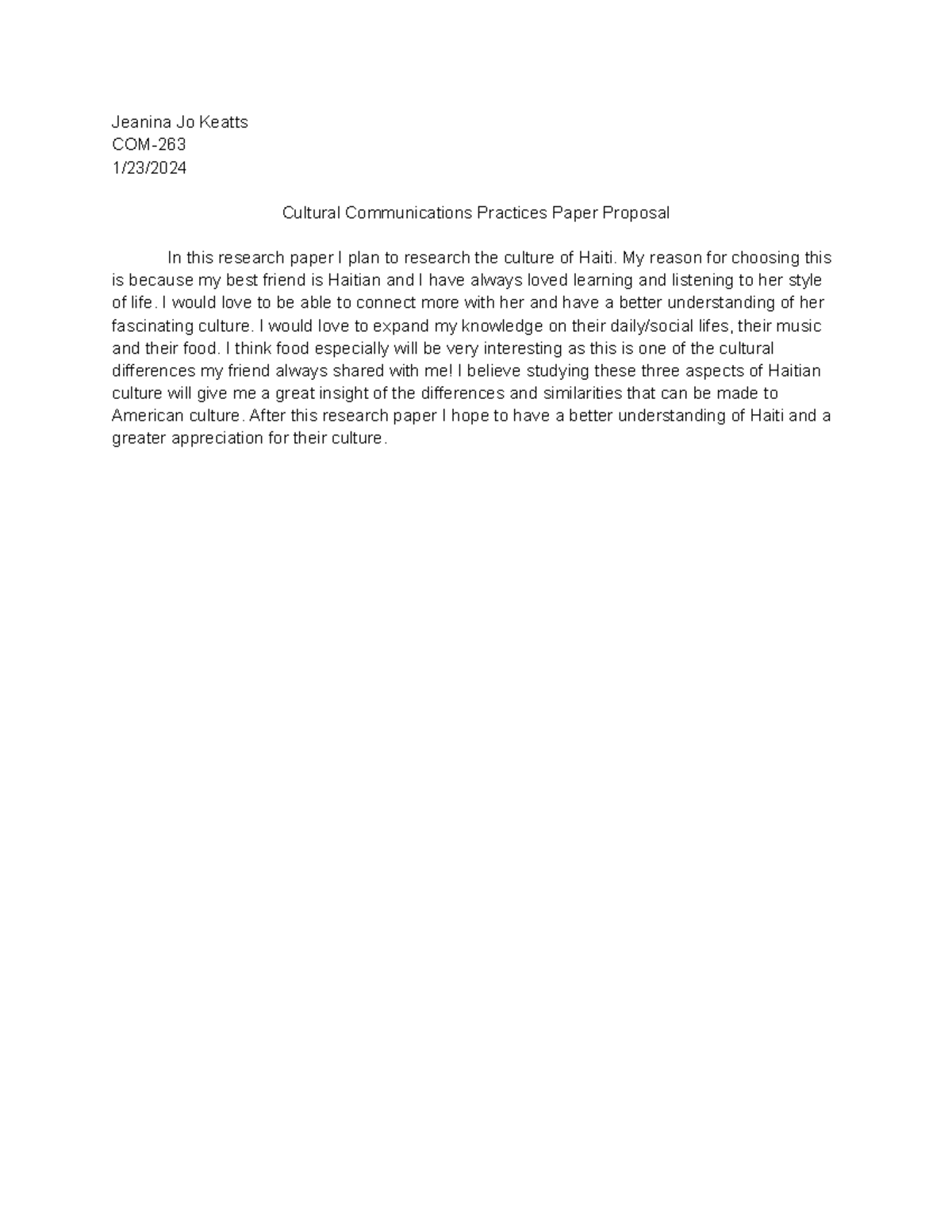 Cultural Communications Practices Paper Proposal - Jeanina Jo Keatts ...