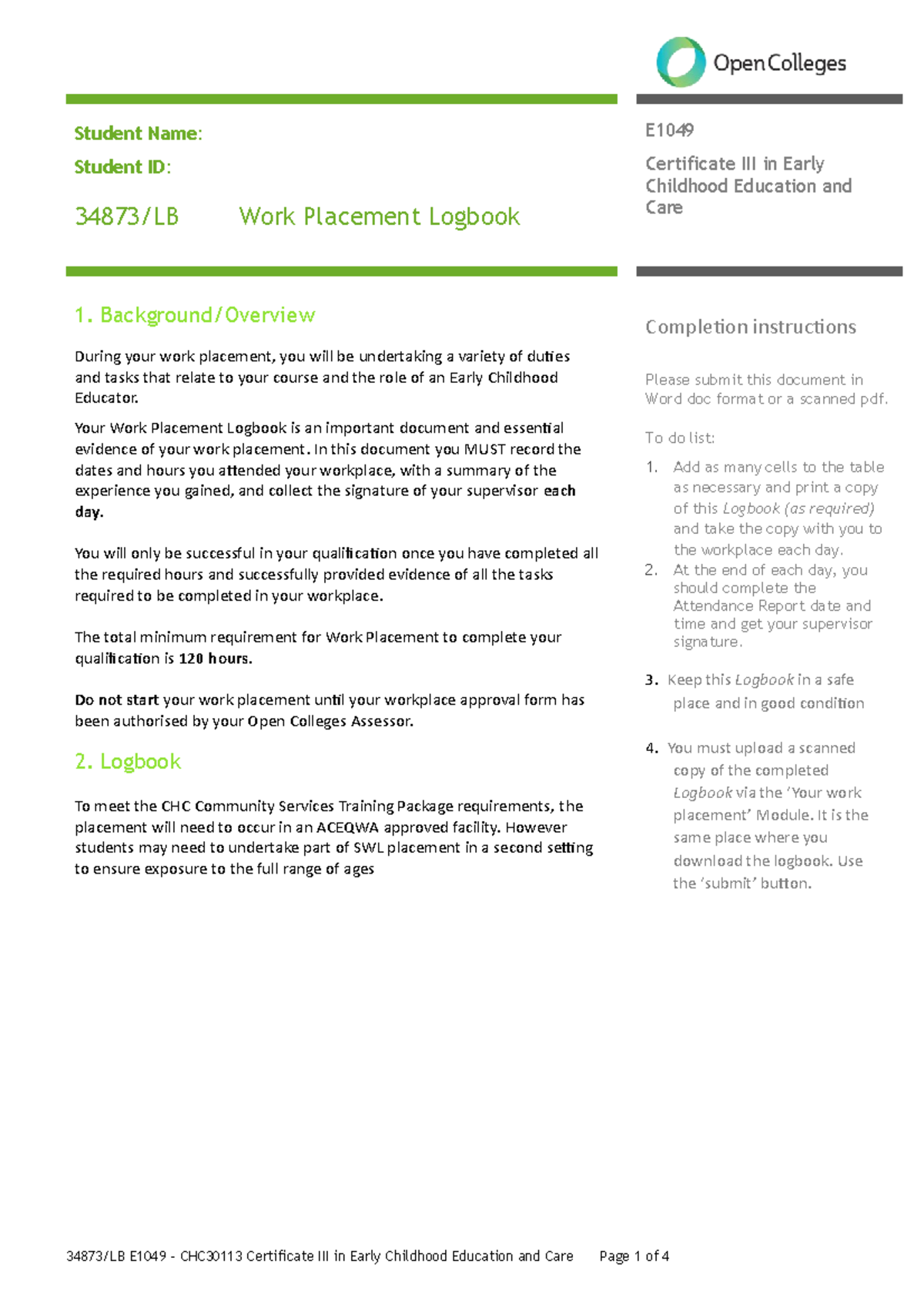 34873 LB Work Placement Logbook E1049 Cert III ECEC - Student Name ...
