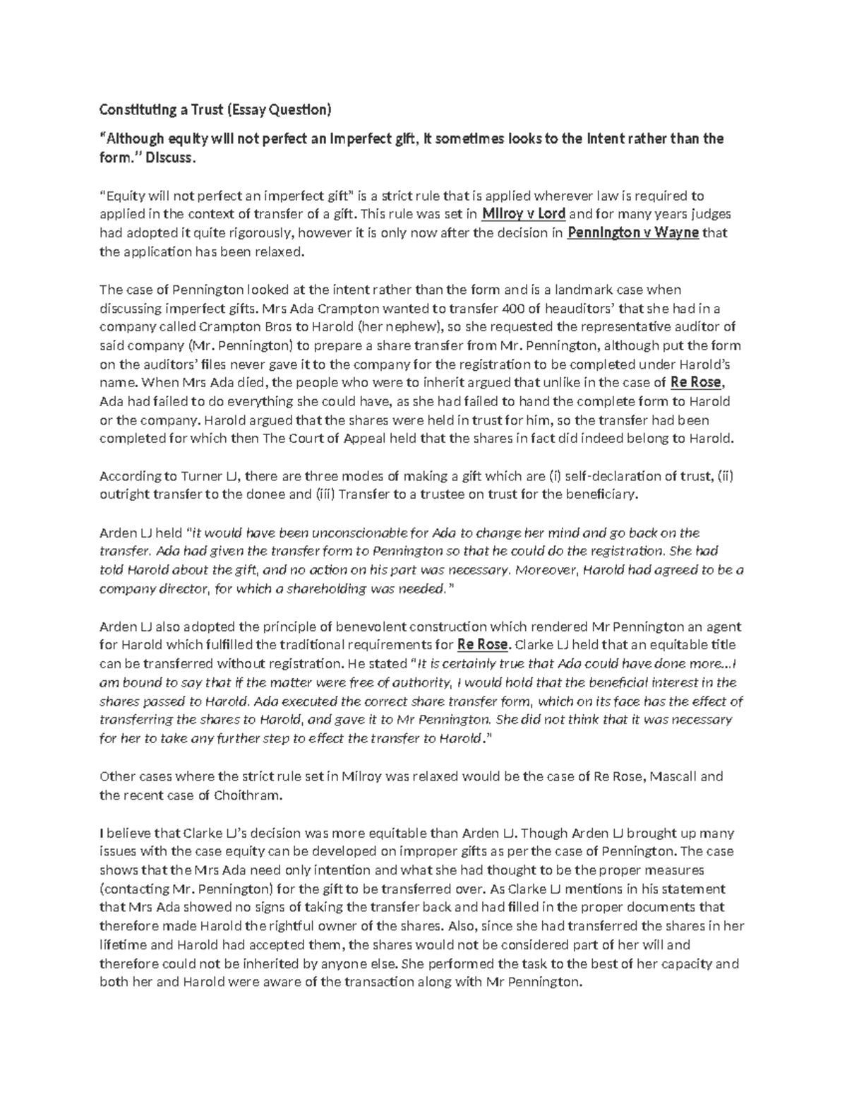 Constituting a Trust & Discretionary Trust Essays - Constituting a ...