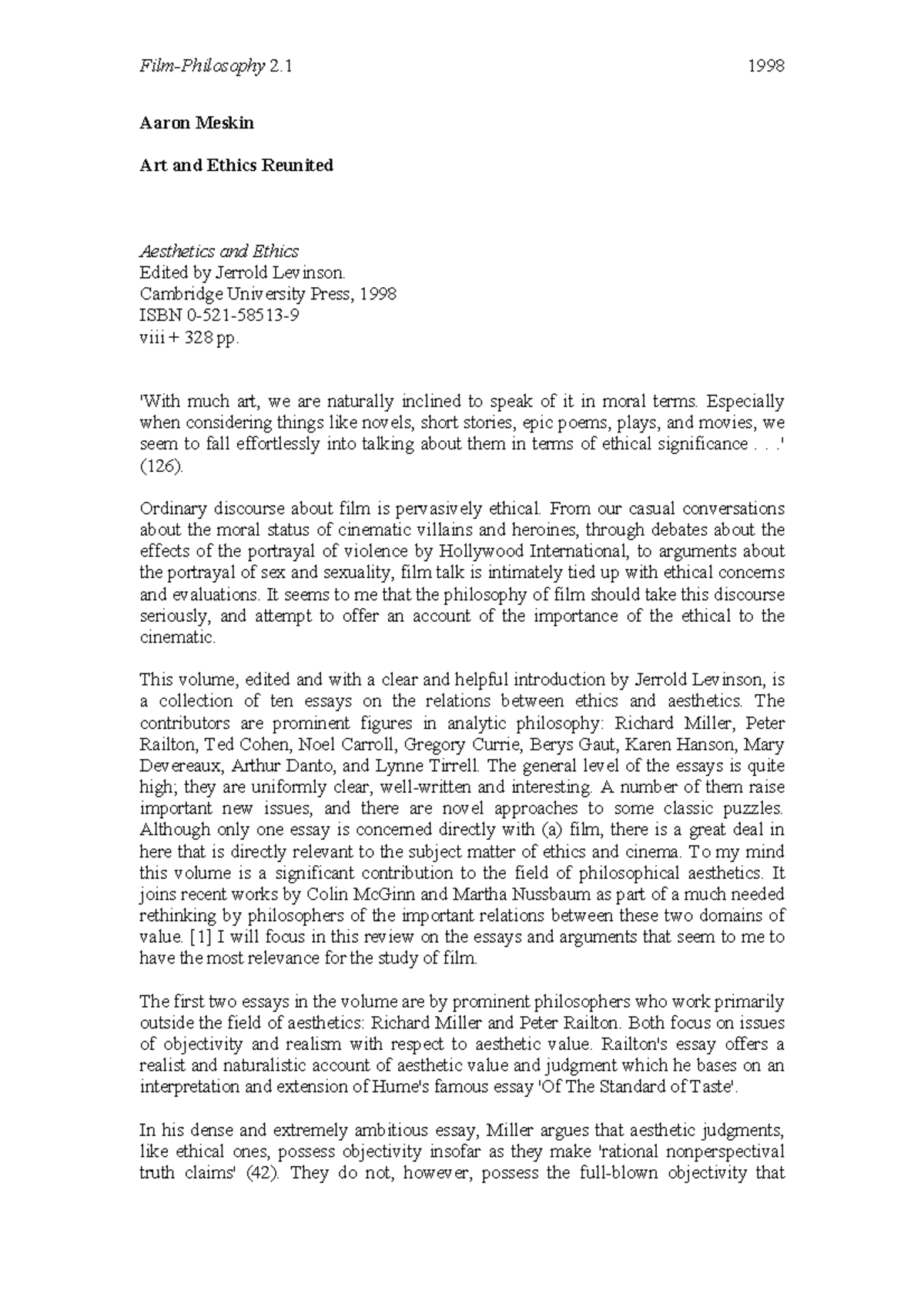 Art and Ethics Reunited Aesthetics and E - Aaron Meskin Art and Ethics ...