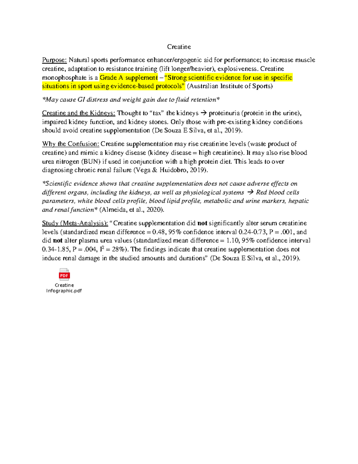 Creatine Handout - Creatine Purpose: Natural sports performance ...