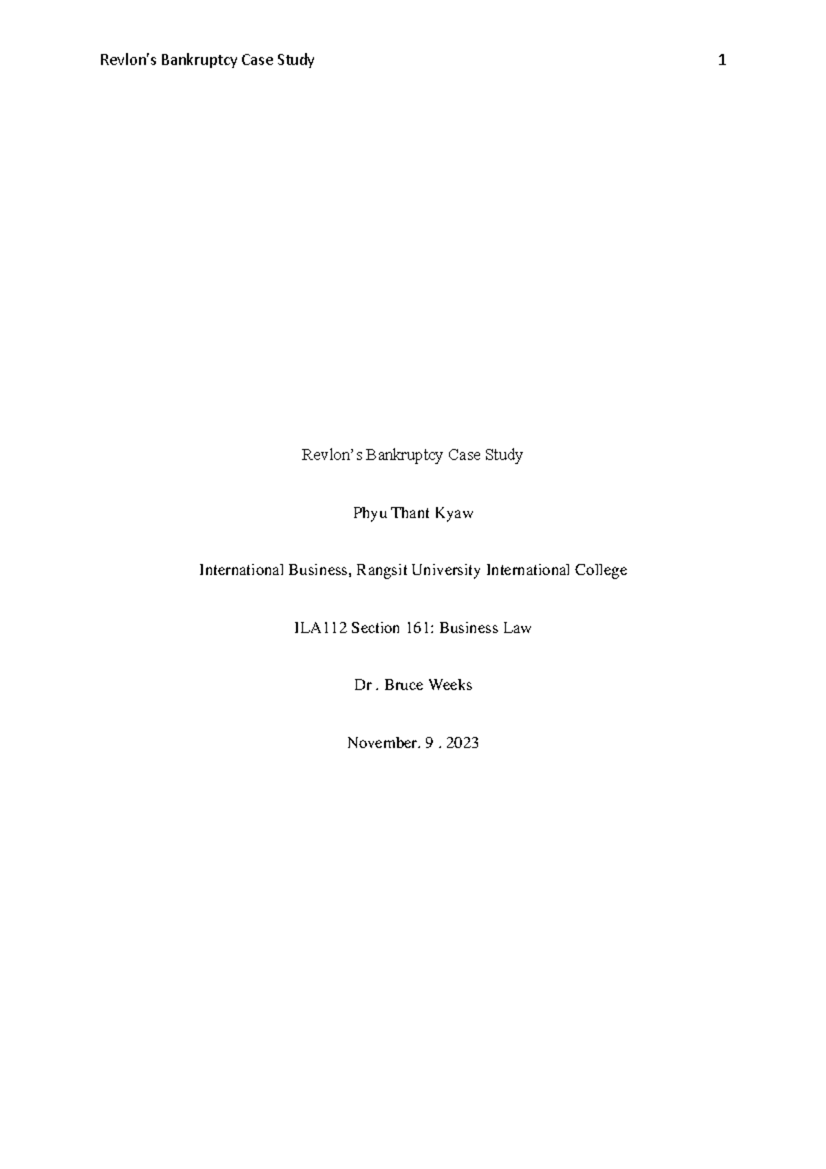 Revlon's Bankruptcy Case Study - Revlon’s Bankruptcy Case Study Phyu Thant Kyaw International ...