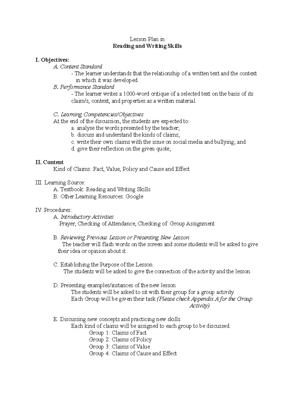 Lesson Plan In Reading And Writing Claims In Written Text Lesson