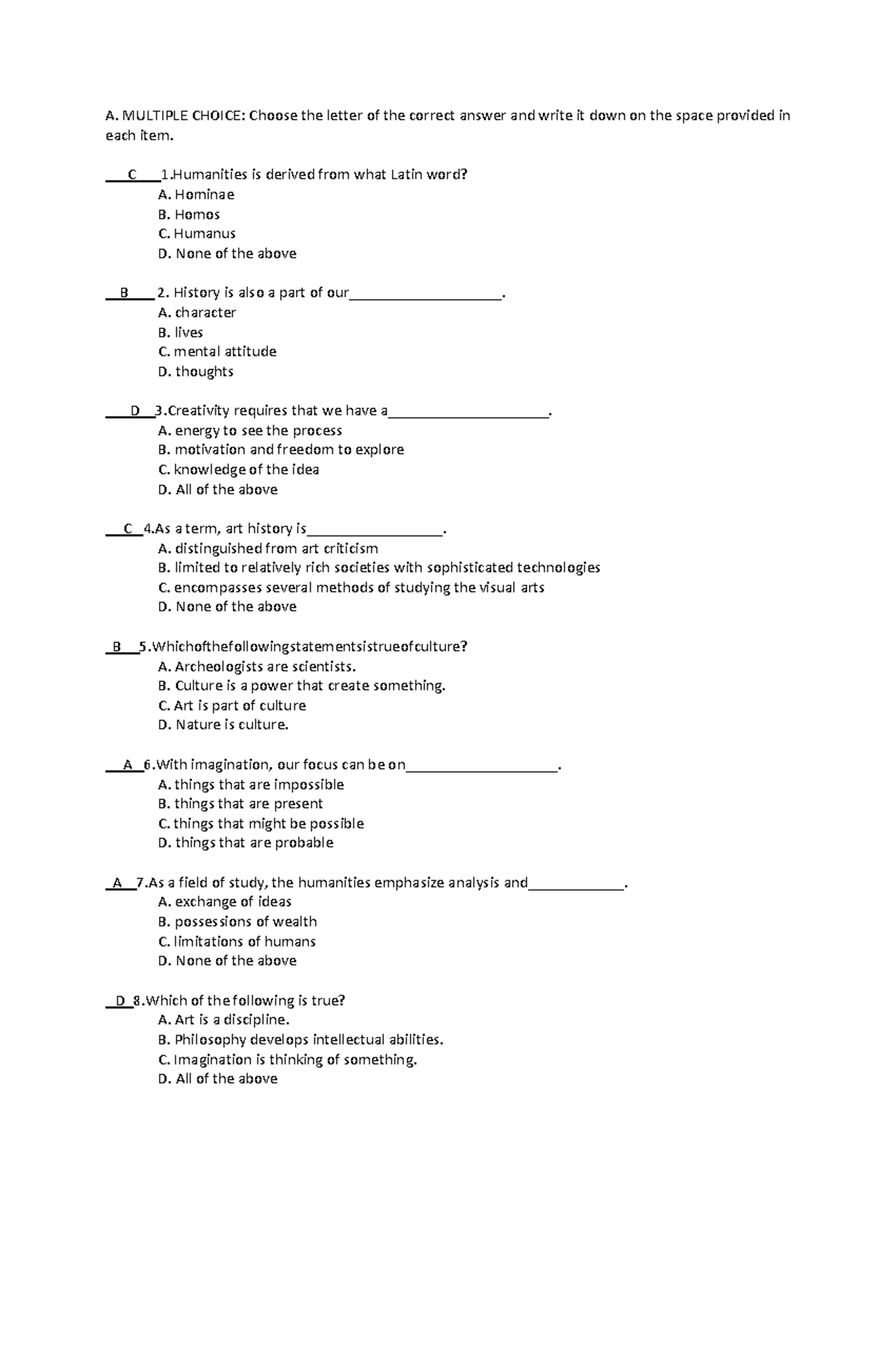 ART Appreciation - Multiple Choice Activity WITH Answers - A. MULTIPLE ...