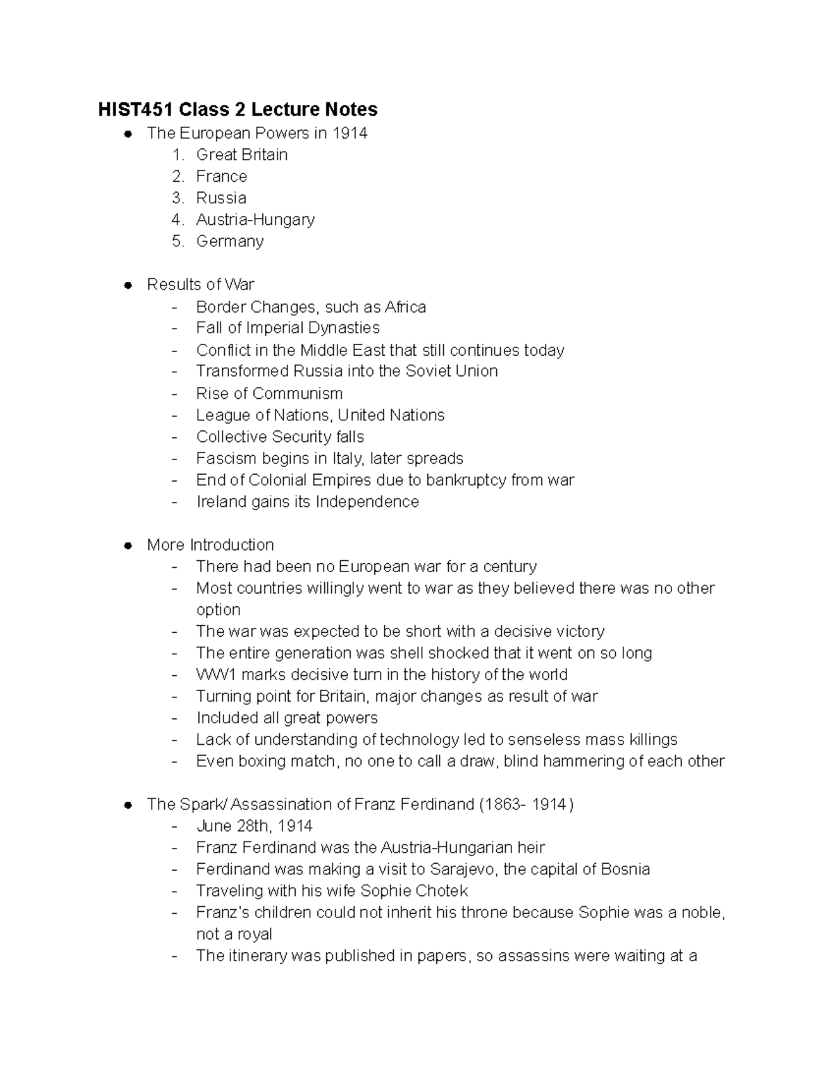 History study outline - Lecture notes 3 - HIST451 Class 2 Lecture Notes ...