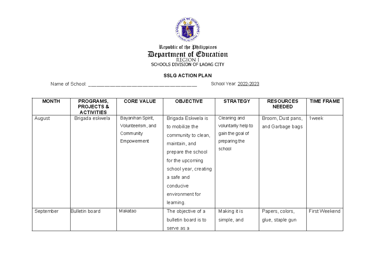 Action-Plan-Template - SSLG ACTION PLAN Name of School