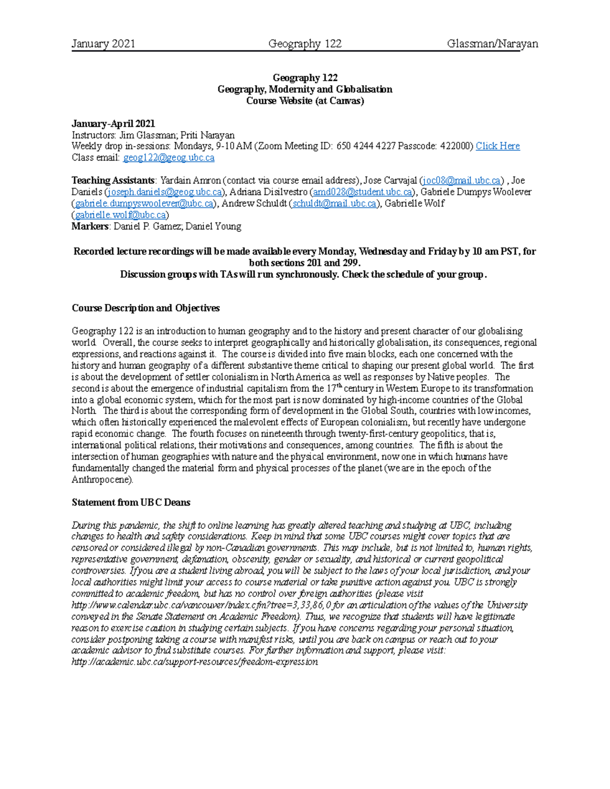 Geog 122 syllabus 2021 - Geography 122 Geography, Modernity and ...