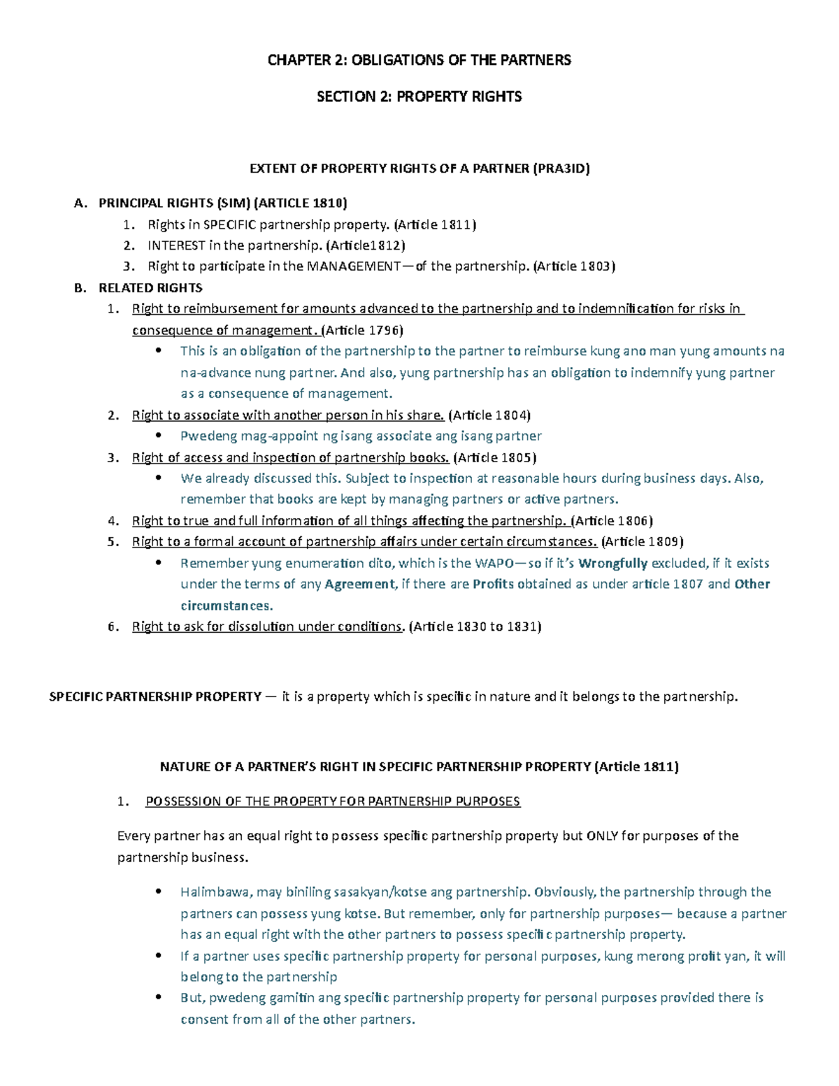 Chapter 2 Section 2 - Law - CHAPTER 2: OBLIGATIONS OF THE PARTNERS SECTION 2: PROPERTY RIGHTS ...