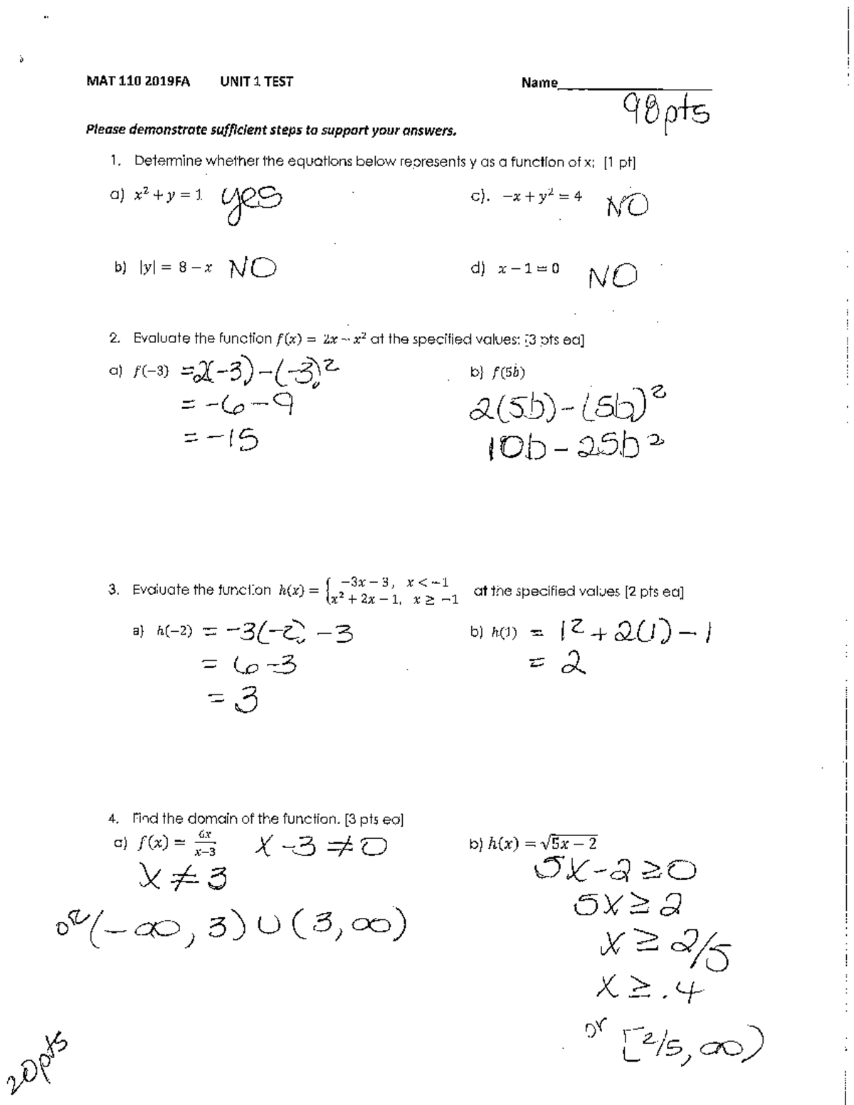 2019 FA MAT 110 -101 Test 1 Solutions - MAT 110 2019FA UNIT 1 TEST Name ...