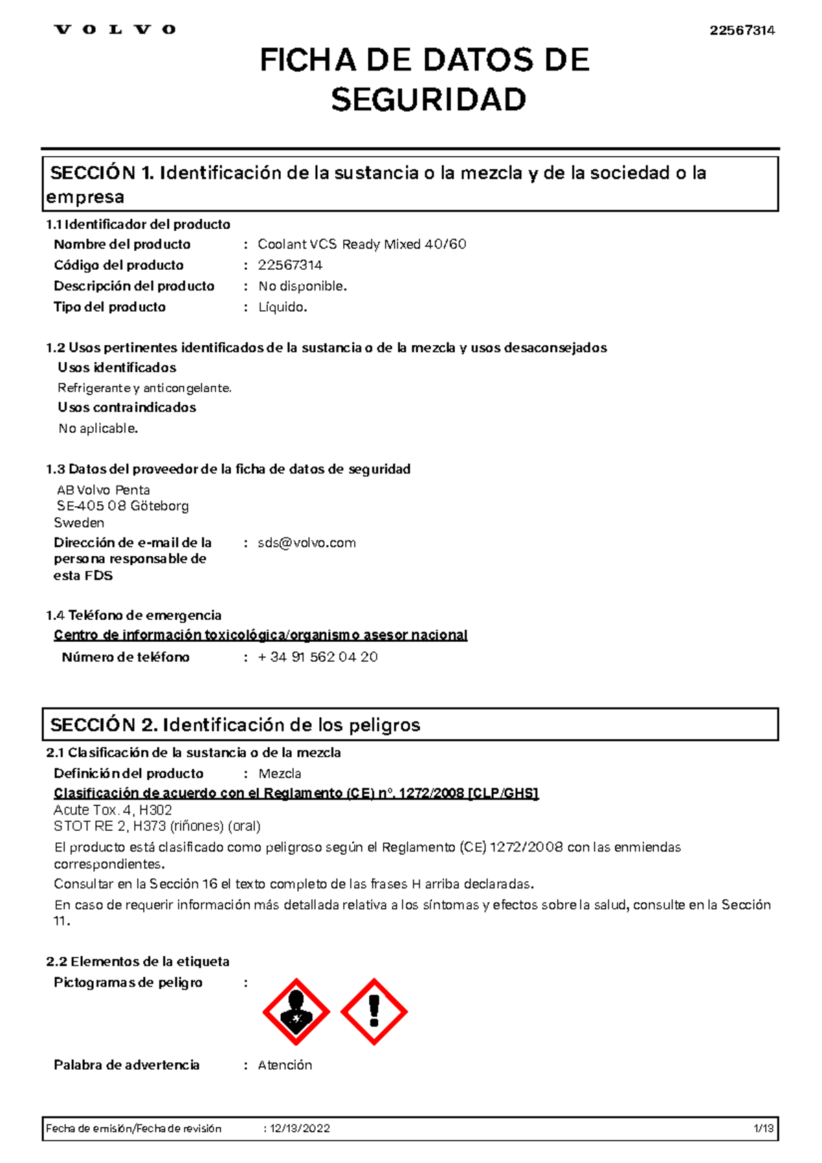 22567314 - guia - Coolant VCS Ready Mixed 40 FICHA DE DATOS DE ...