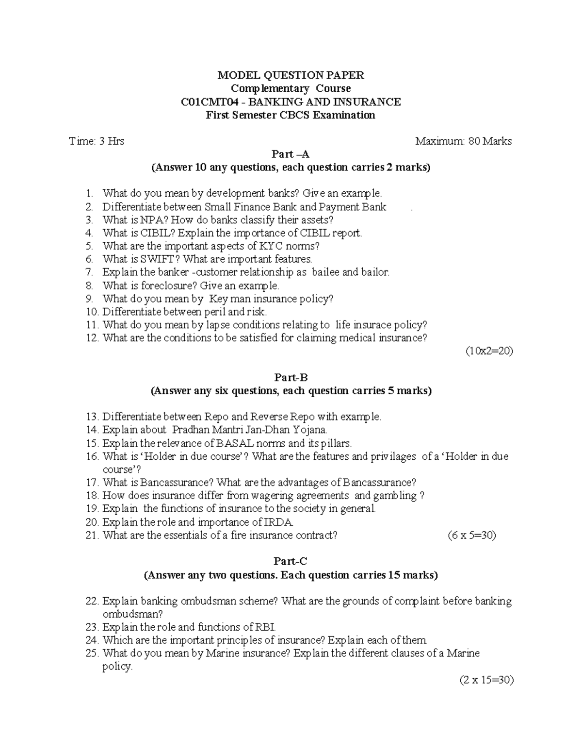 C01CMT04 Banking AND Insurance - MODEL QUESTION PAPER Complementary ...