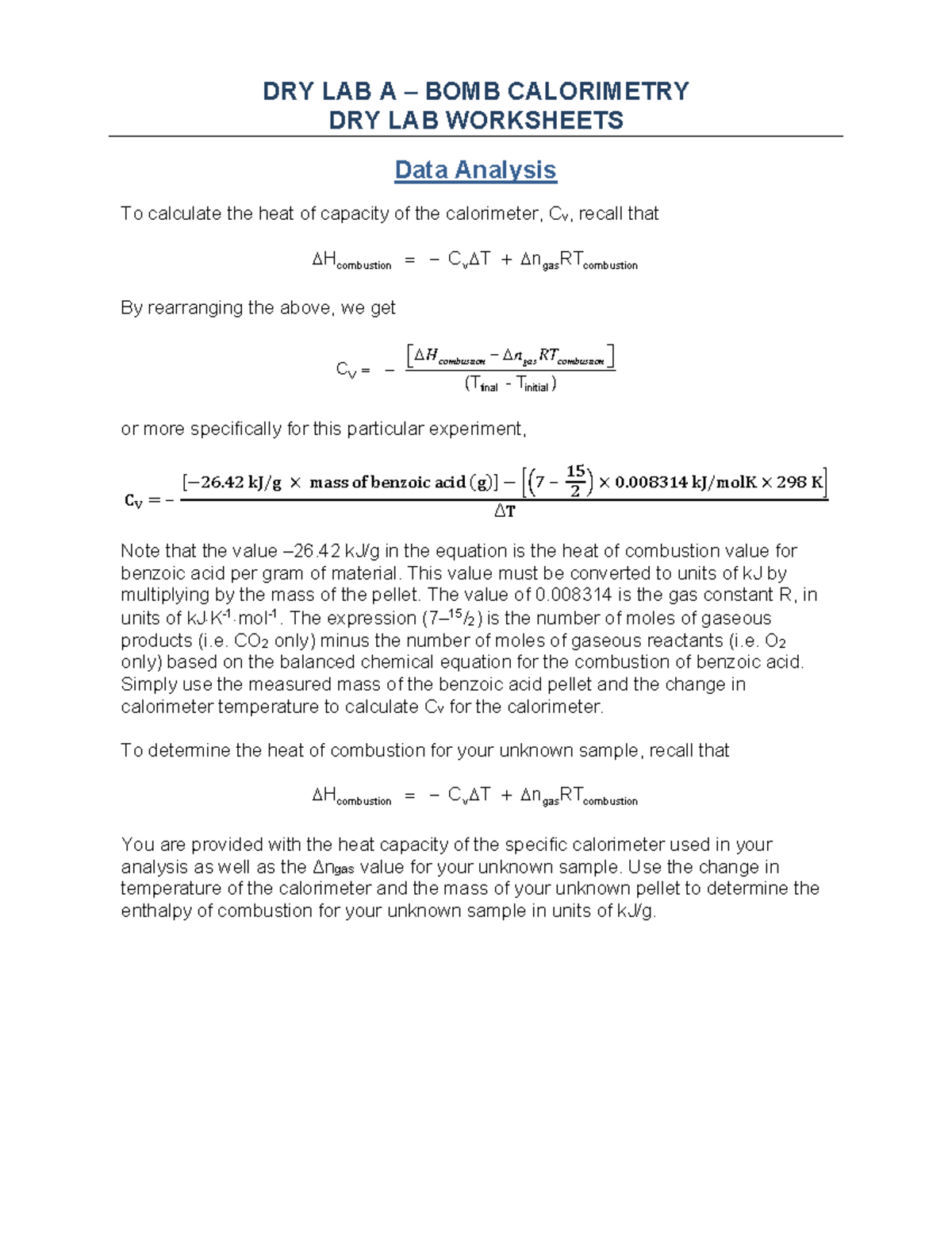 Data Sheets chem - DRY LAB WORKSHEETS Data Analysis To calculate the ...