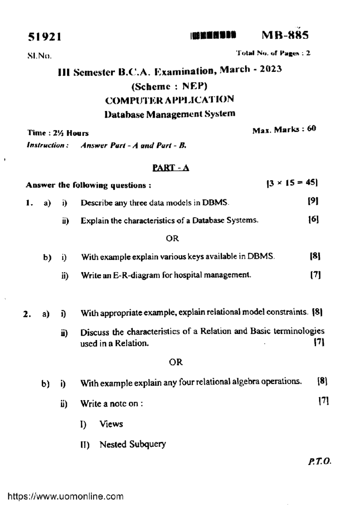 Bca-3-sem-database-management-system-mb-885-mar-2023 - Computer ...