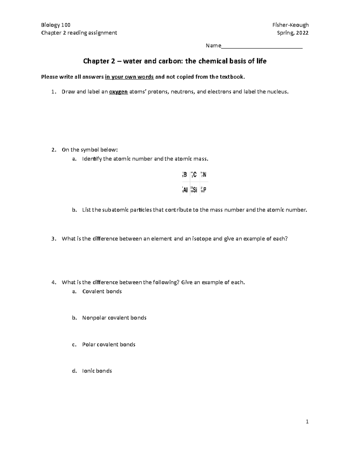 Bio 100 ch 2 homework - BIO Biology Chapter 2 Study Practice Worksheet ...