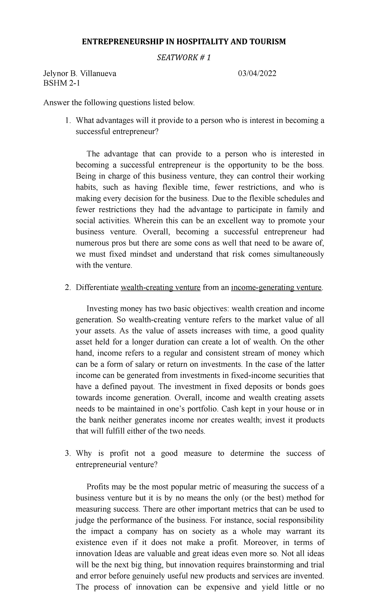 Villanueva, Jelynor B.( Entrep Seatwork 1) - ENTREPRENEURSHIP IN ...